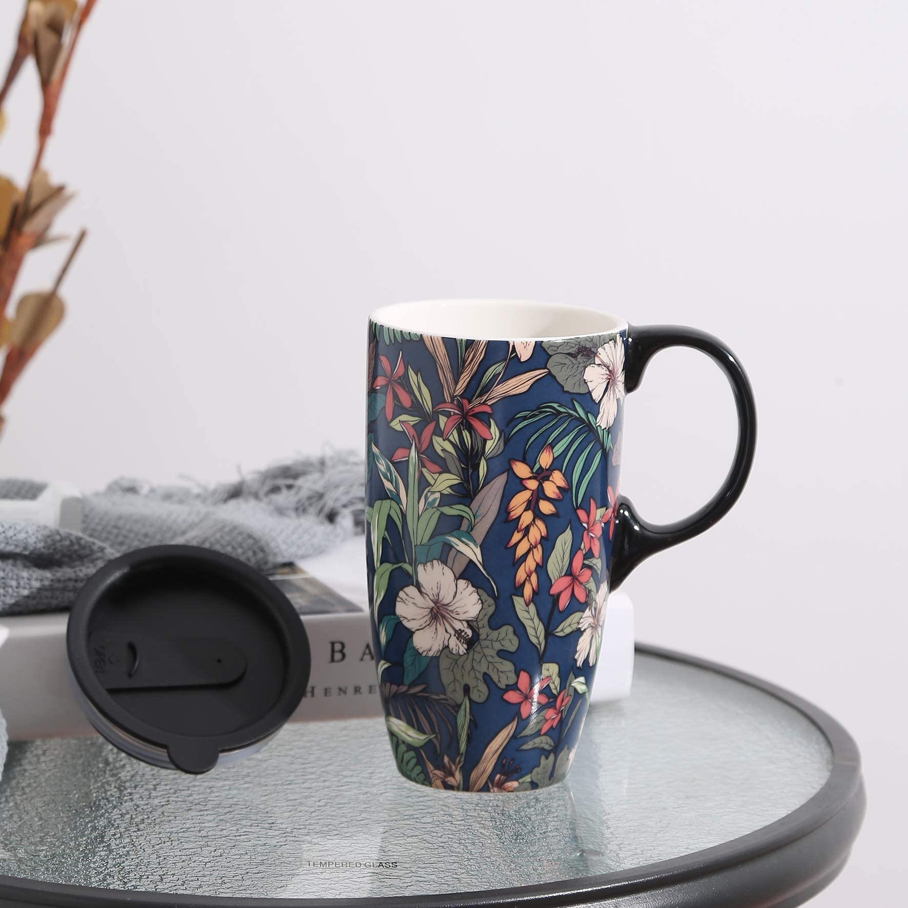 TZSSP Coffee Ceramic Mug Porcelain Latte Tea Cup With Lid 17oz. Blue,Mother's Day Mug