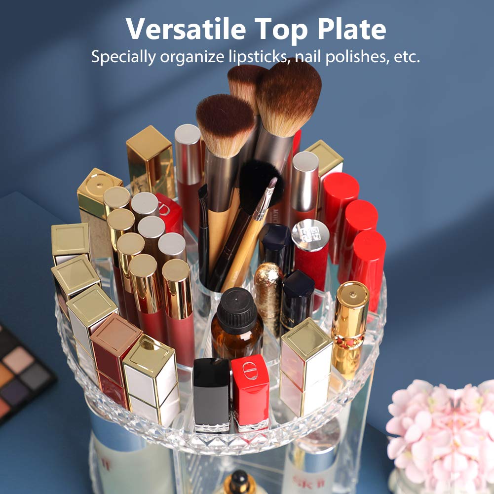 Syntus Makeup Organizer 360 Rotating, DIY Adjustable Bathroom Makeup Carousel Spinning Holder Rack, Large Capacity Cosmetics Storage Box, Fits Makeup Brushes, Lipsticks, Clear