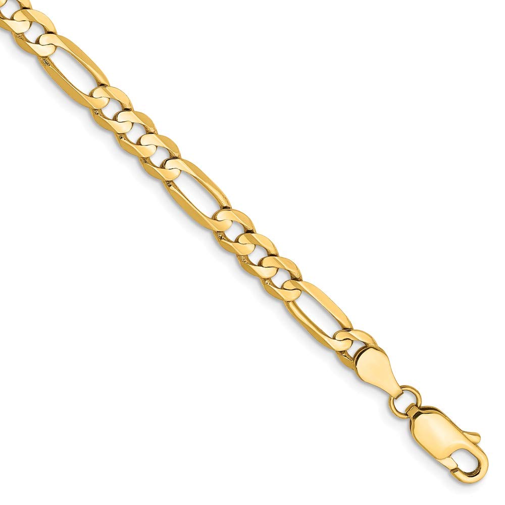 Solid 14k Yellow Gold 4.50mm Concave Open Figaro Chain Bracelet - with Secure Lobster Lock Clasp 7"