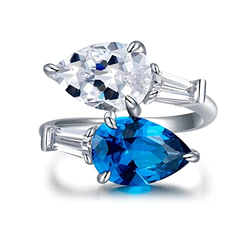 通用 2pcs 4CT Pear Cut Blue & White Zircon Engagement Ring, Rhodium Plated 925 Sterling Silver Two Stone Wedding Anniversary Promise Ring for Her (Silver, 7)