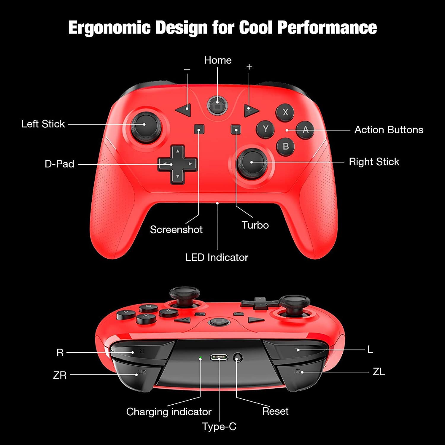 Wireless Switch Controller for Switch/Switch Lite, Enhanced Switch Pro Remote Controller Gamepad with NFC Function,Turbo Dual Vibration, Screenshot,6 Axis Motion Control (Red)