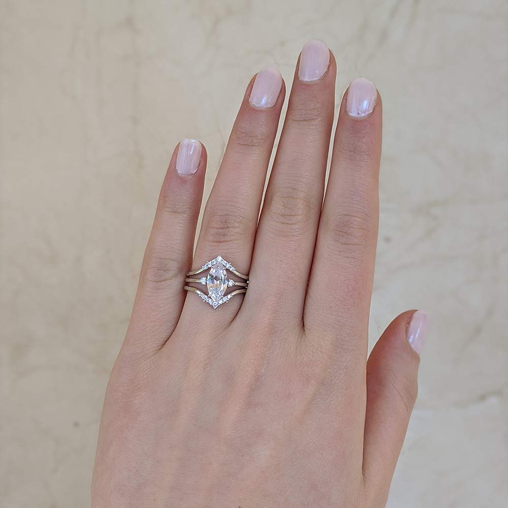 TwoBirch 925 Silver Marquise Three Ring Bridal Set with Three Stone Marquise Engagement Ring and Two Matching Chevron Contour Bands (925 Silver, Size 8)