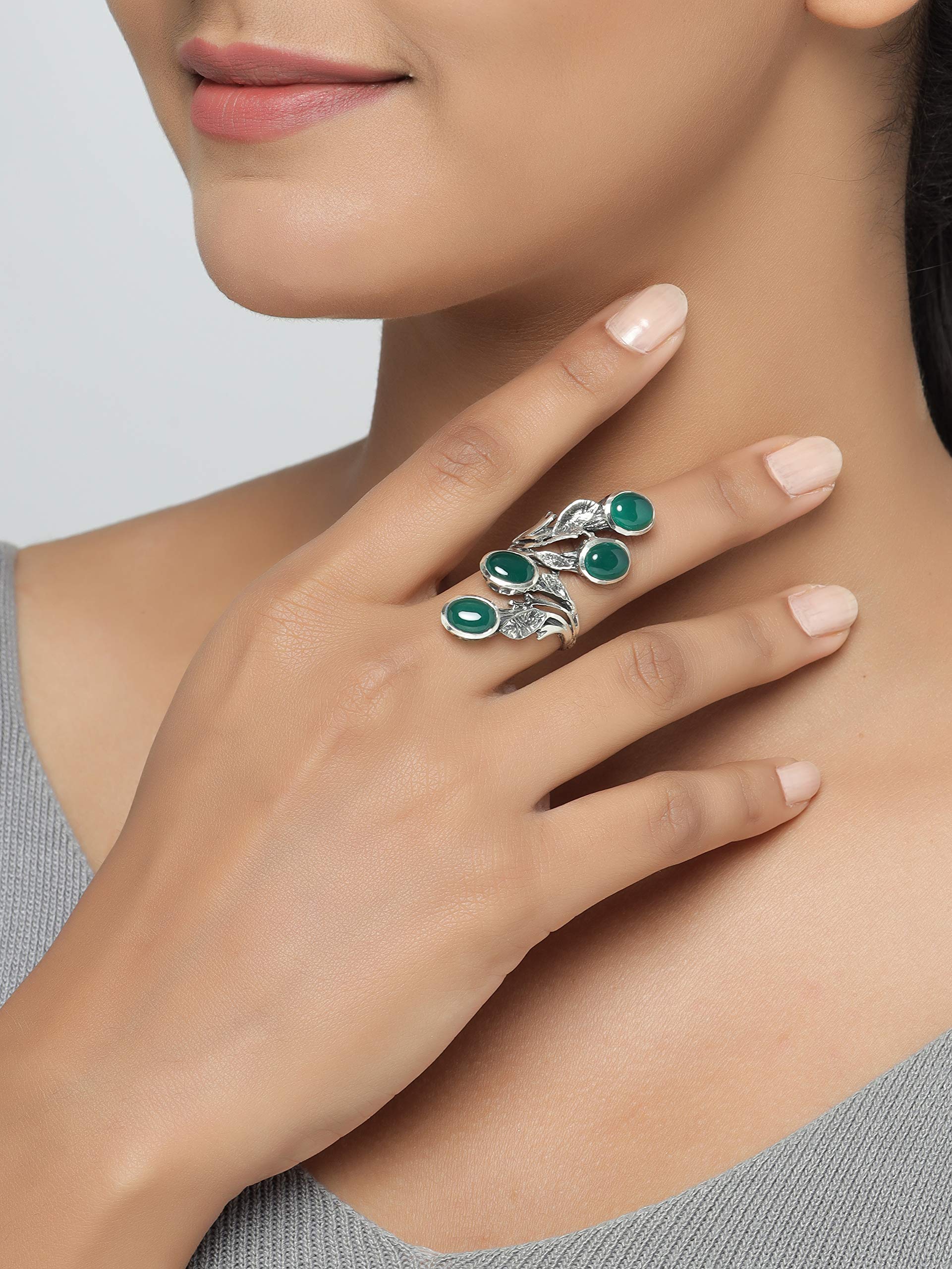 YoTreasure Green Onyx Solid Sterling Silver Innovative Leaf Vine Ring