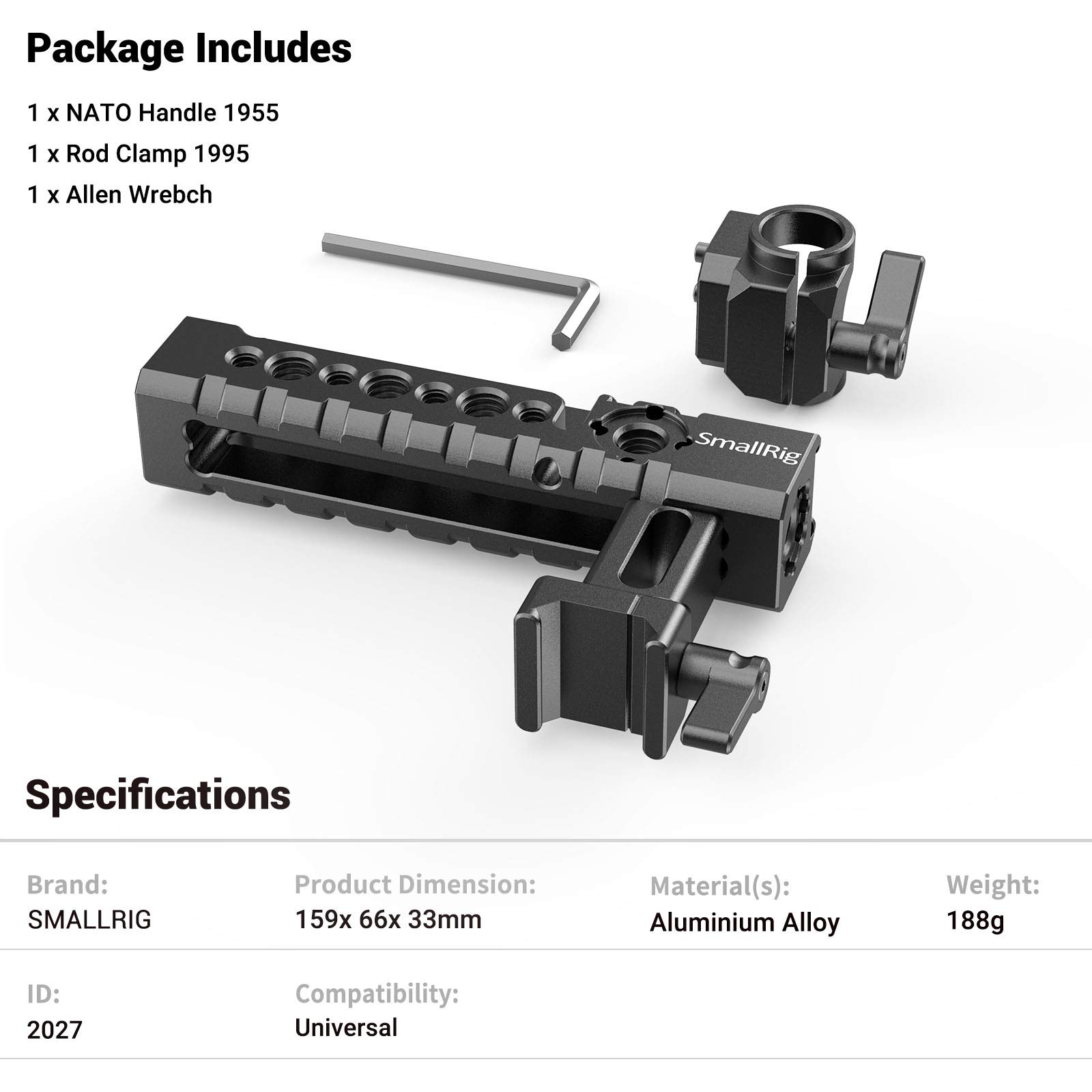 SmallRig NATO Top Handle with 15mm Rod Clamp,Locating Pins for Arri and Cold Shoe Handlegrip - 2027