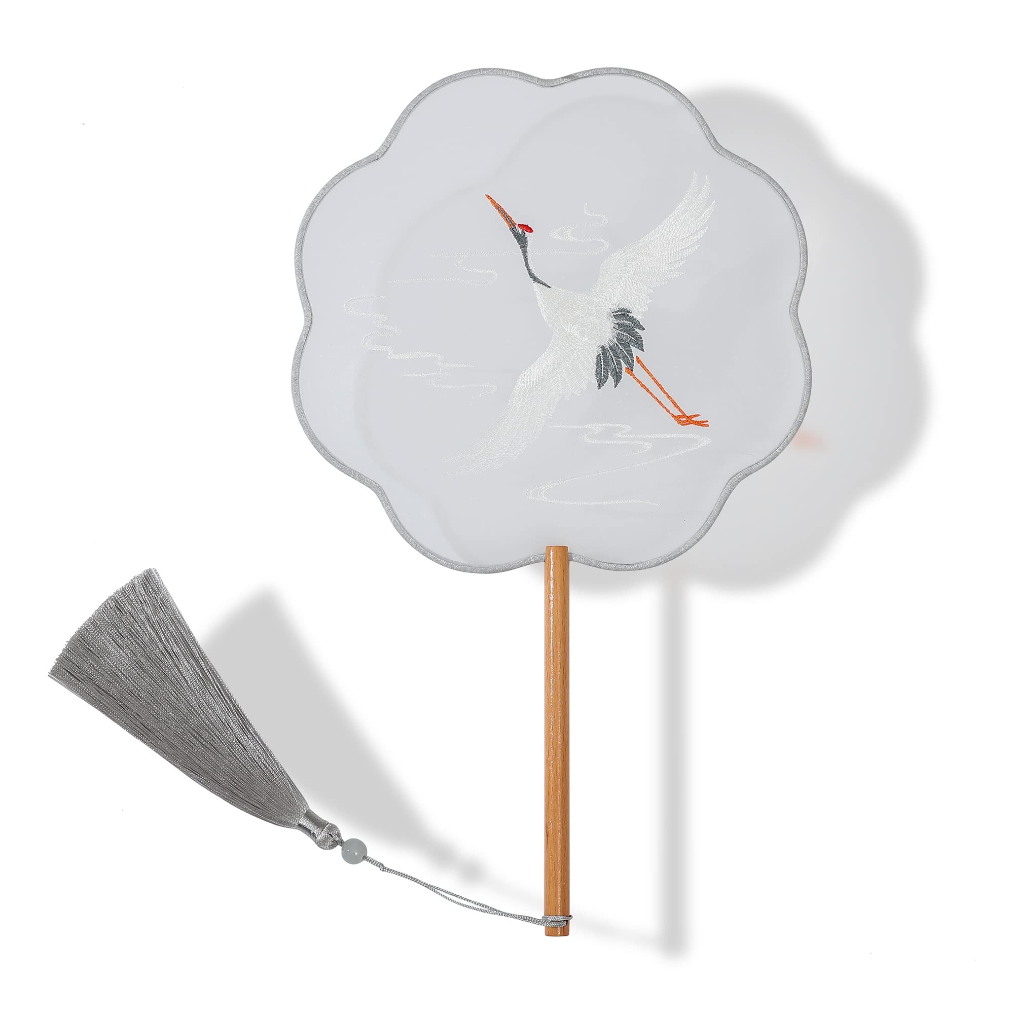 YUELAI Translucent Silk Embroidered Hand Held Fan, Chinese Round Fan, Ancient Hand Fan,Traditional Palace Paddle Dance Fan, Vintage Double-Sided Pattern Fan(Gray Flying Crane