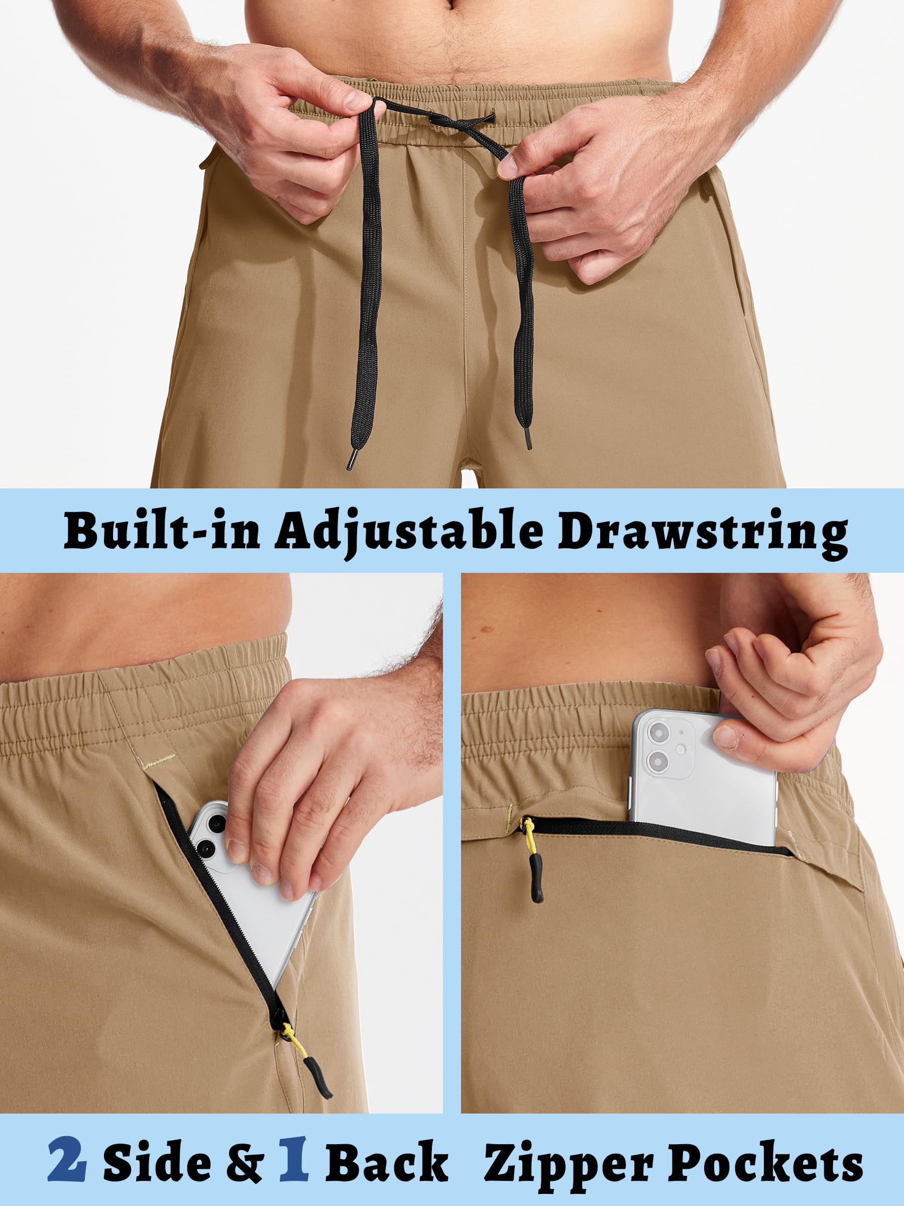 TACVASEN Athletic Shorts for Men Lightweight Quick Dry Running Gym Basketball Hiking Khaki Short with 3 Zipper Pockets