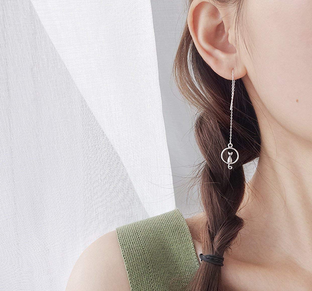 White Gold Plated Long Tassel Chain Sweet Cat on Moon Dangle Drop Threader Earrings for Women