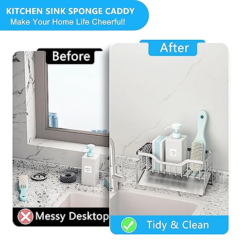 Sponge Holder for Kitchen Sink,Stainless Steel Sponge Caddy, Countertop Kitchen Sink Organizer with Drain Tray, Sponge Rack Holder for Dish Soap (Silver)