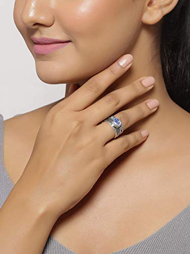 YoTreasure Moonstone London Blue Topaz 925 Sterling Silver Antique Three Stone Ring