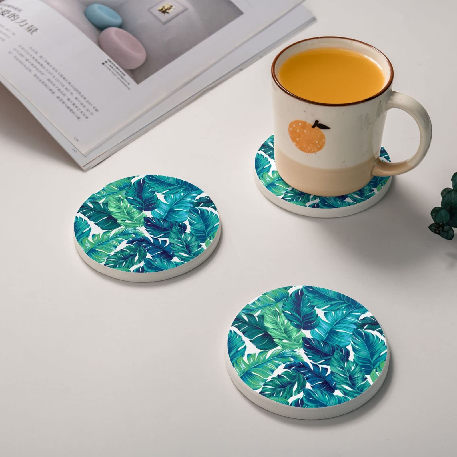 Tropical Palm Leaves Coasters for Drinks, Absorbent Coasters Set of 2, Coffee Cup Tabletop Protection Coaster, Housewarming Bar Kitchen Home Decor 4 Inch