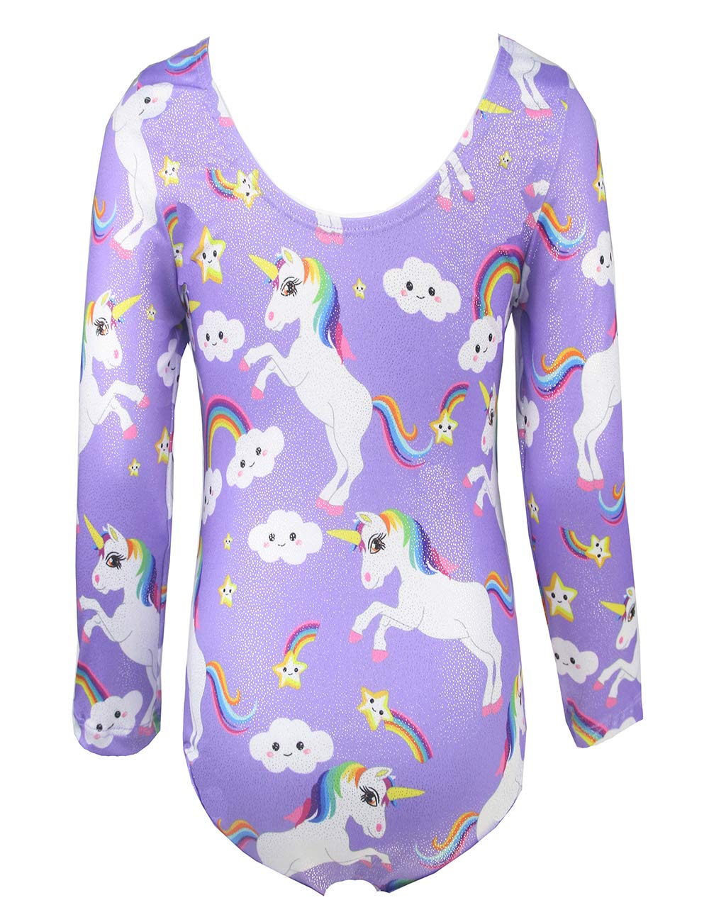 TENVDA Girls Gymnastics Leotards Size 4t 5t Sparkly Purple Unicorn Printed Long Sleeve Tumbling Outfit Winter Bodysuit