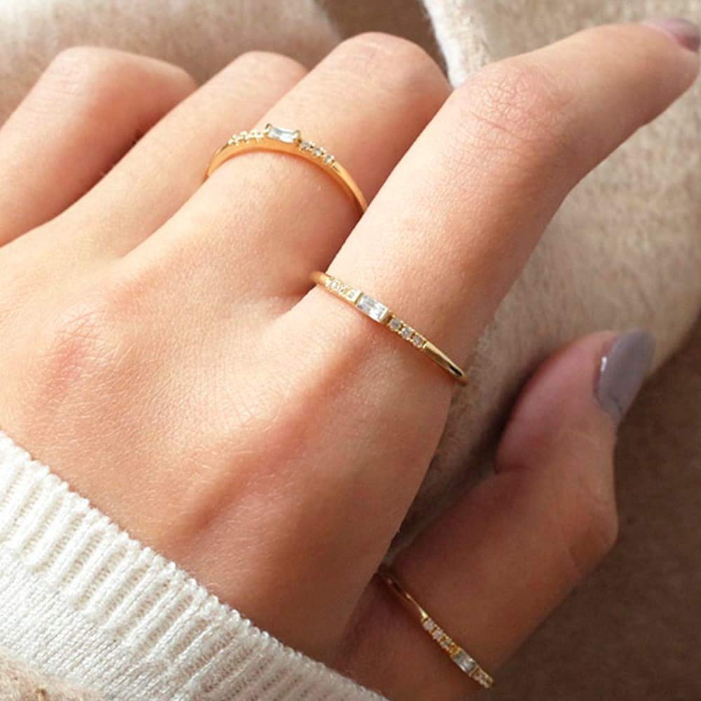 Tiny 18k Gold Plated Rings for Women Baguette Round Cubic Zirconia Engagement Wedding Stackable Band Ring (8)