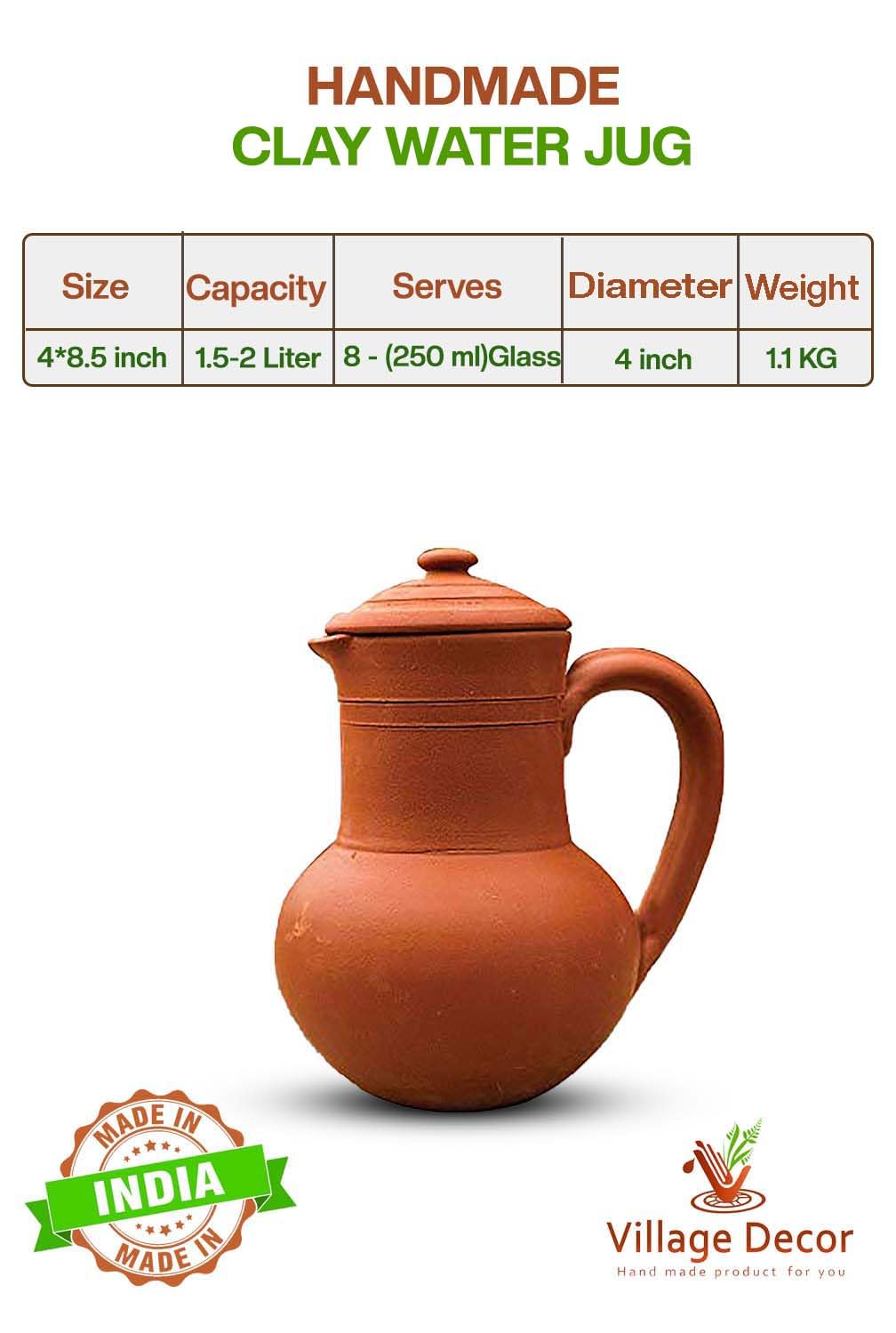 Village Decor Handmade Clay Water Jug With Lid | Carafes Pitcher Capacity 67 oz 2000 ml.