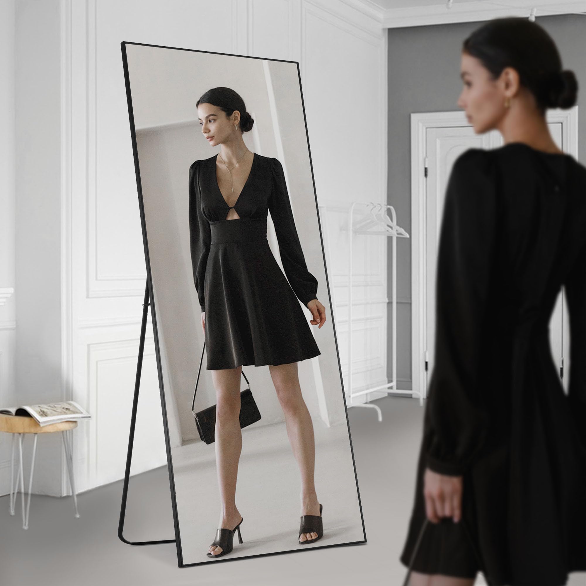 Sweetcrispy 64"x21" Mirror Full Length Floor Standing Full Body Mirror for Bedroom, Large Wall Mirror with Stand Aluminum Alloy Frame Hanging or Leaning Against Wall, Black
