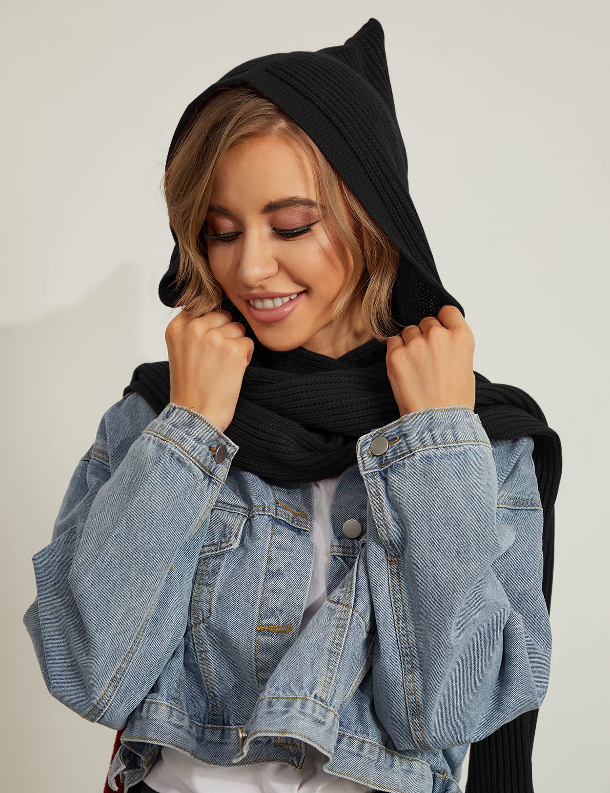Women Winter Knitted Hooded Long Scarf Warm Shawl Head Scarves Black One Size