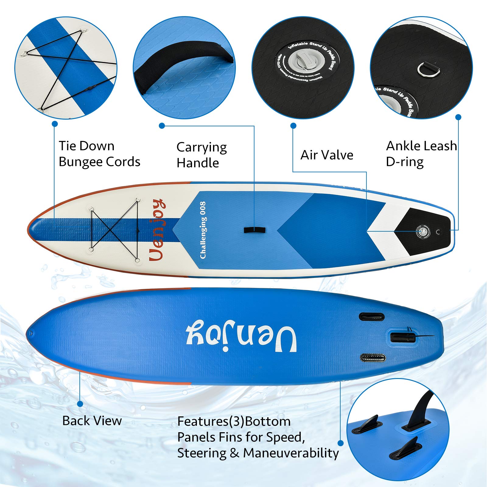 Uenjoy 11' Inflatable Stand Up Paddle Board (6 Inches Thick) Non-Slip Deck Adjustable Paddle Backpack,Pump, Repairing kit, Blue