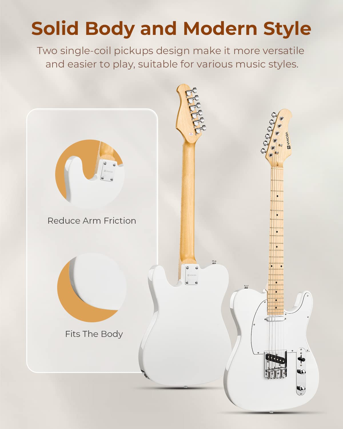 Vangoa Electric Guitar 39 Inch Full Size TELE Electric Guitar Solid Body Beginner Kit for Adult Teens with Bag, Strap, Cable, White