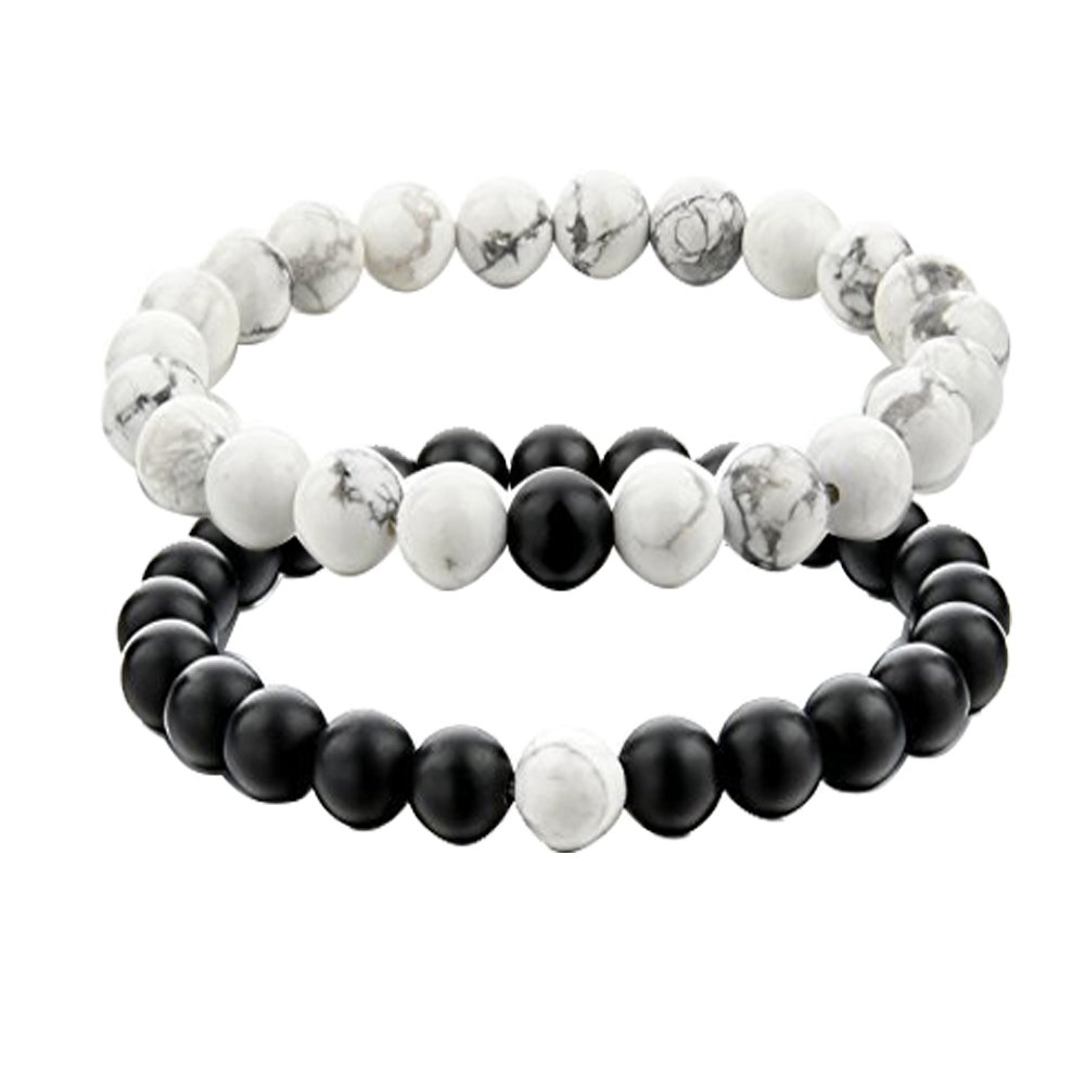 UEUC Distance Couple Bracelet His and Hers Black Matte Agate & White Stone 8mm Beads Bracelet