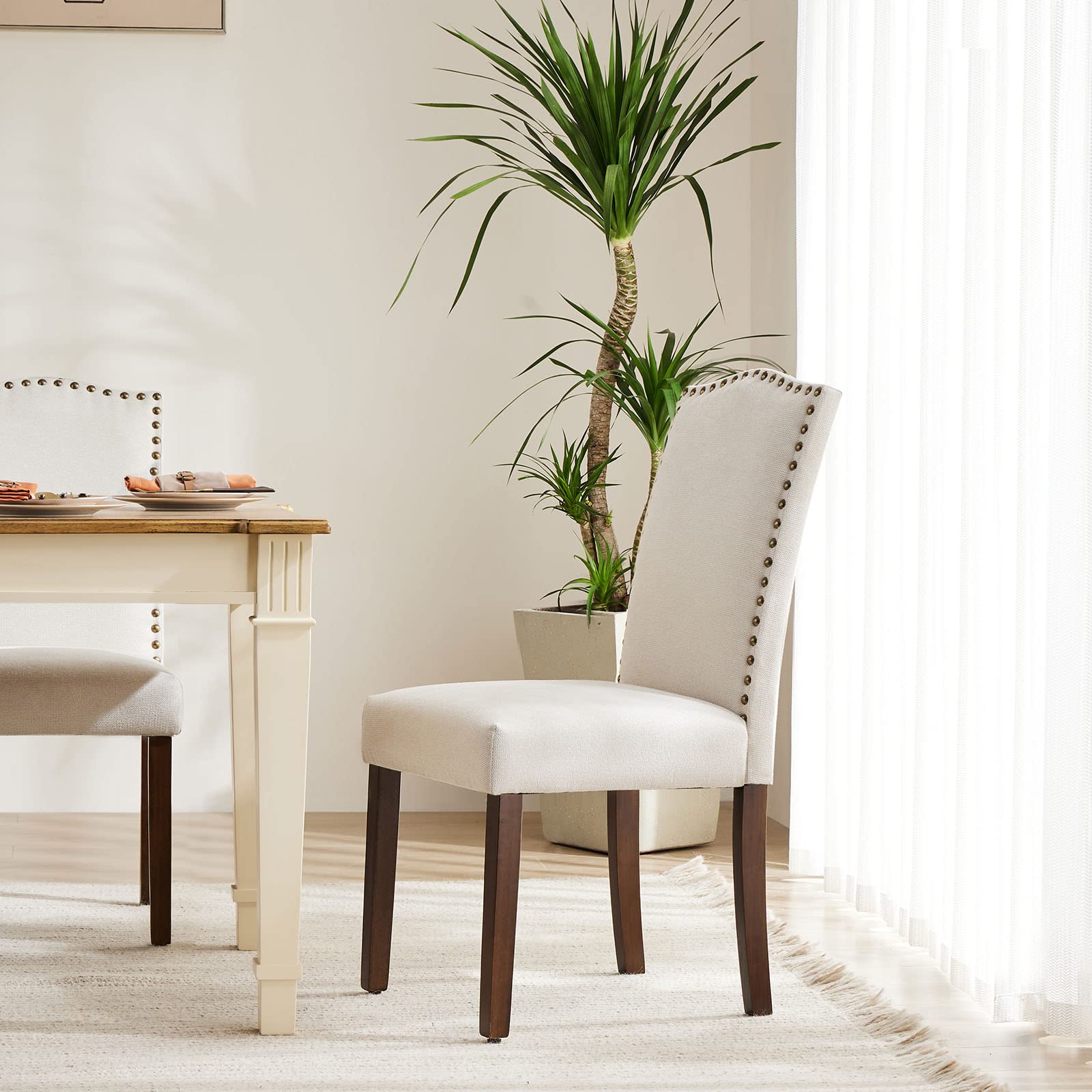 Sweetcrispy Dining Chairs Set of 2, Kitchen Chairs, Modern Upholstered Fabric Dining Room Chair with Nailhead Back and Wood Legs