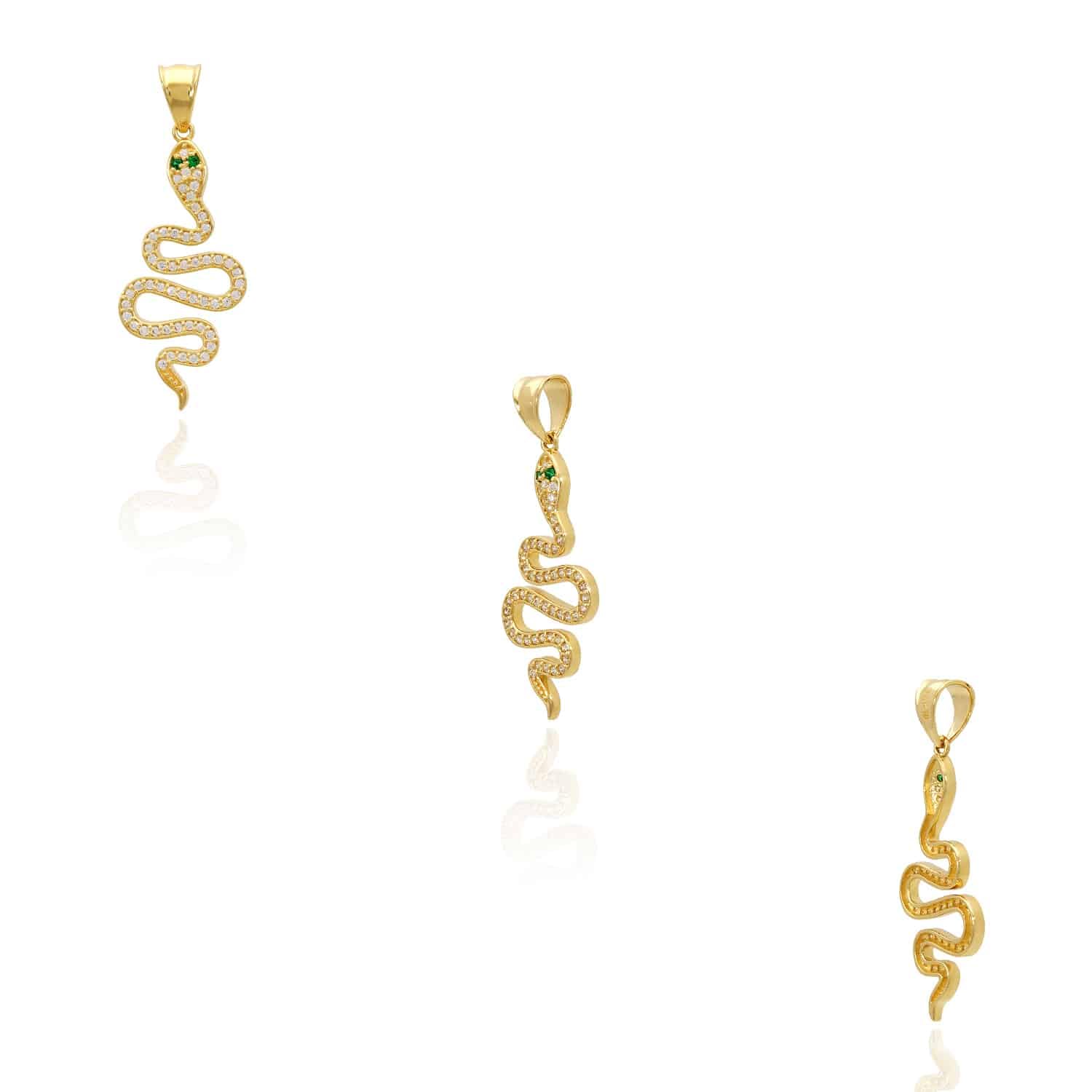WJD Exclusives 14K Yellow Gold Simulated Diamond And Emerald Snake Charm Pendant