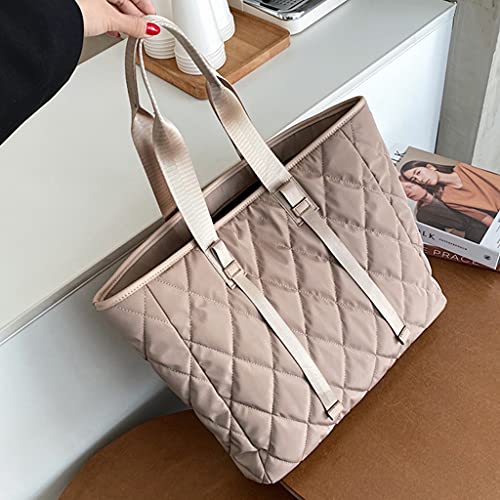Women Large Capacity Nylon Tote Bag Quilted Solid Color Work Shoulder Handbag Khaki