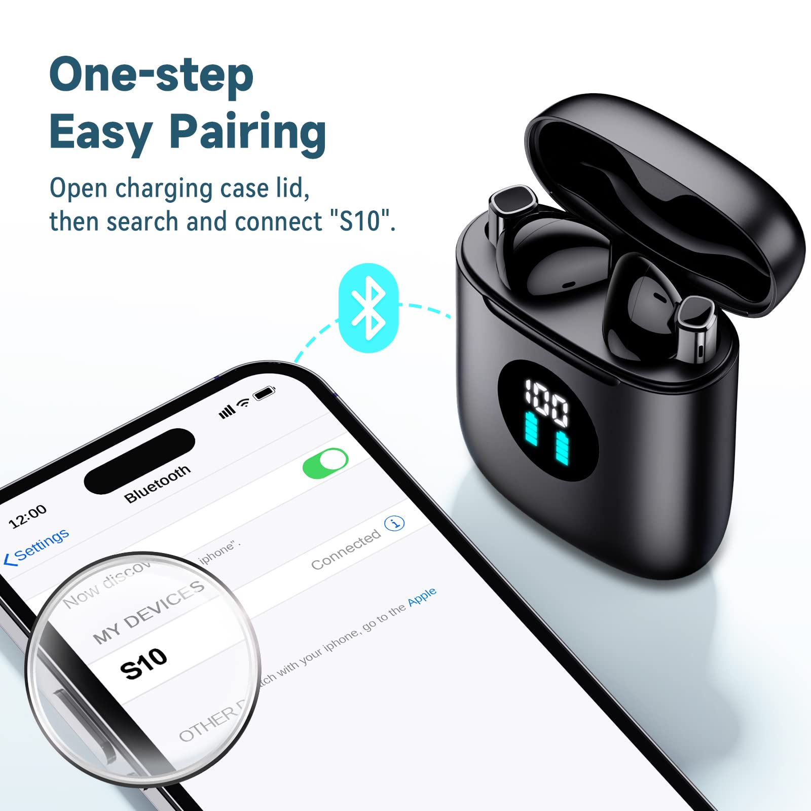 Wireless Earbuds Bluetooth Headphones 40Hrs Playtime Ear Buds with Digital Display Charging Case Microphone Immersive Stereo Audio Headset IPX7 Waterproof Sports Earphones for iOS Android Laptop Black