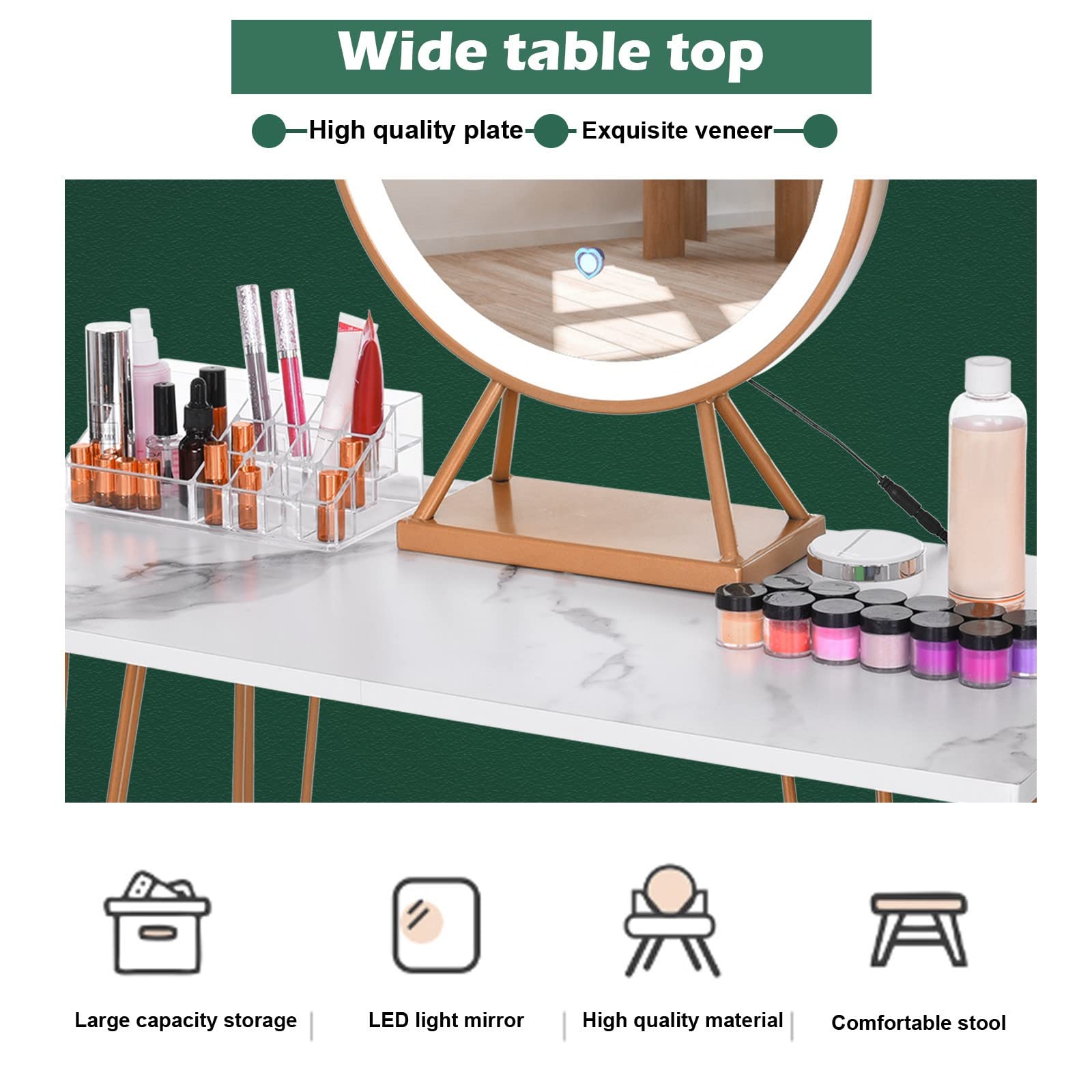 Vanity Desk with Lighted Mirror, Marble Makeup Table, Dressing Table with Cushioned Stool, Bedroom Makeup Vanity Dressing Desk for Women Girls, Adjustable Brightness