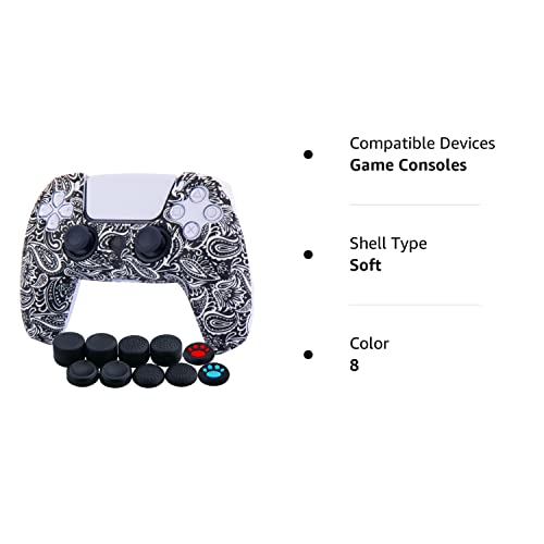 YoRHa Water Transfer Printing Silicone Thickened Cover Skin Case for PS5 Controller x 1(Leaves Red) with Thumb Grips x 10