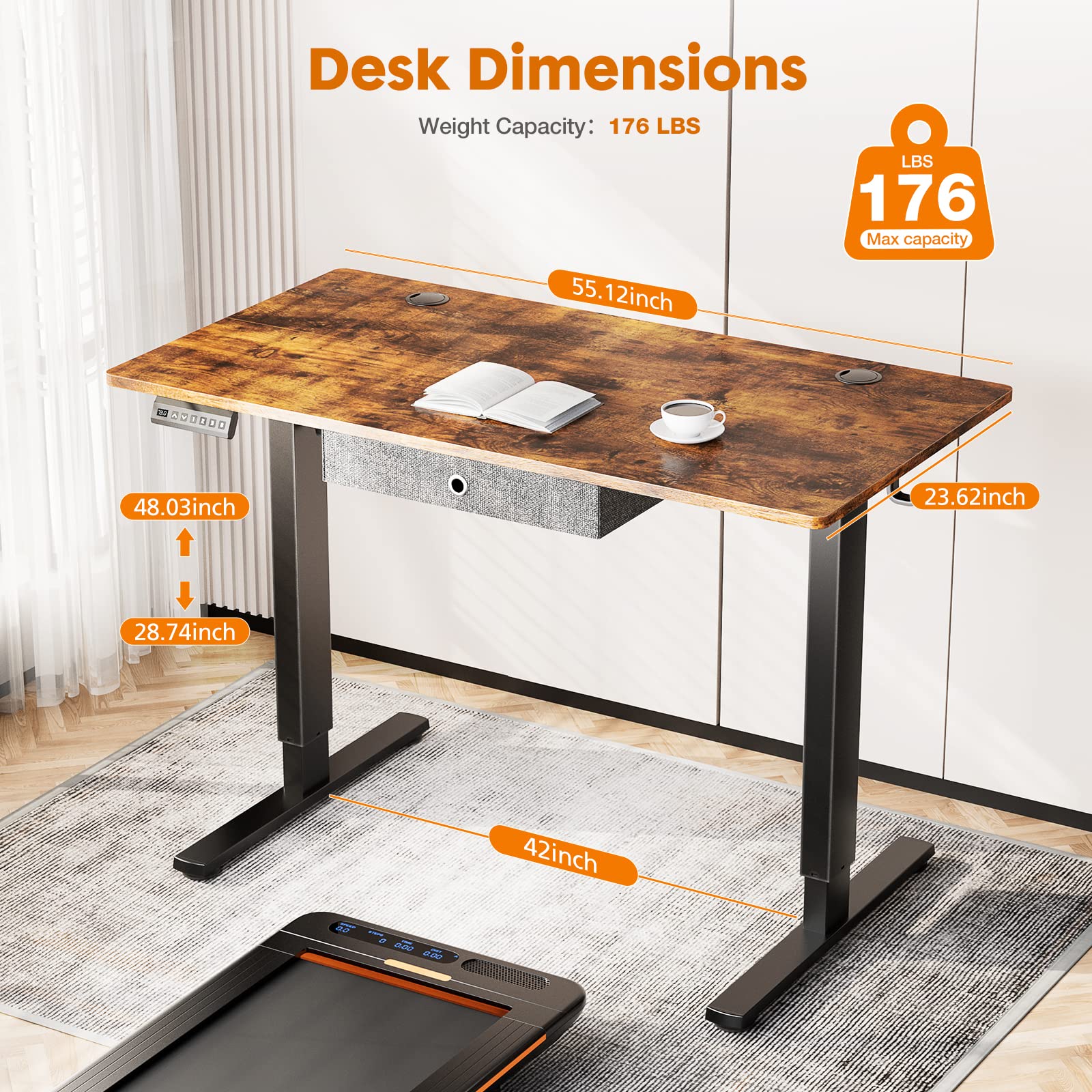 Sweetcrispy Electric Drawers 55 x 24 Inch Storage Height Adjustable Sit Stand Black Frame/Rustic Brown Top Ergonomic Rising Desk Computer Workstation for Office