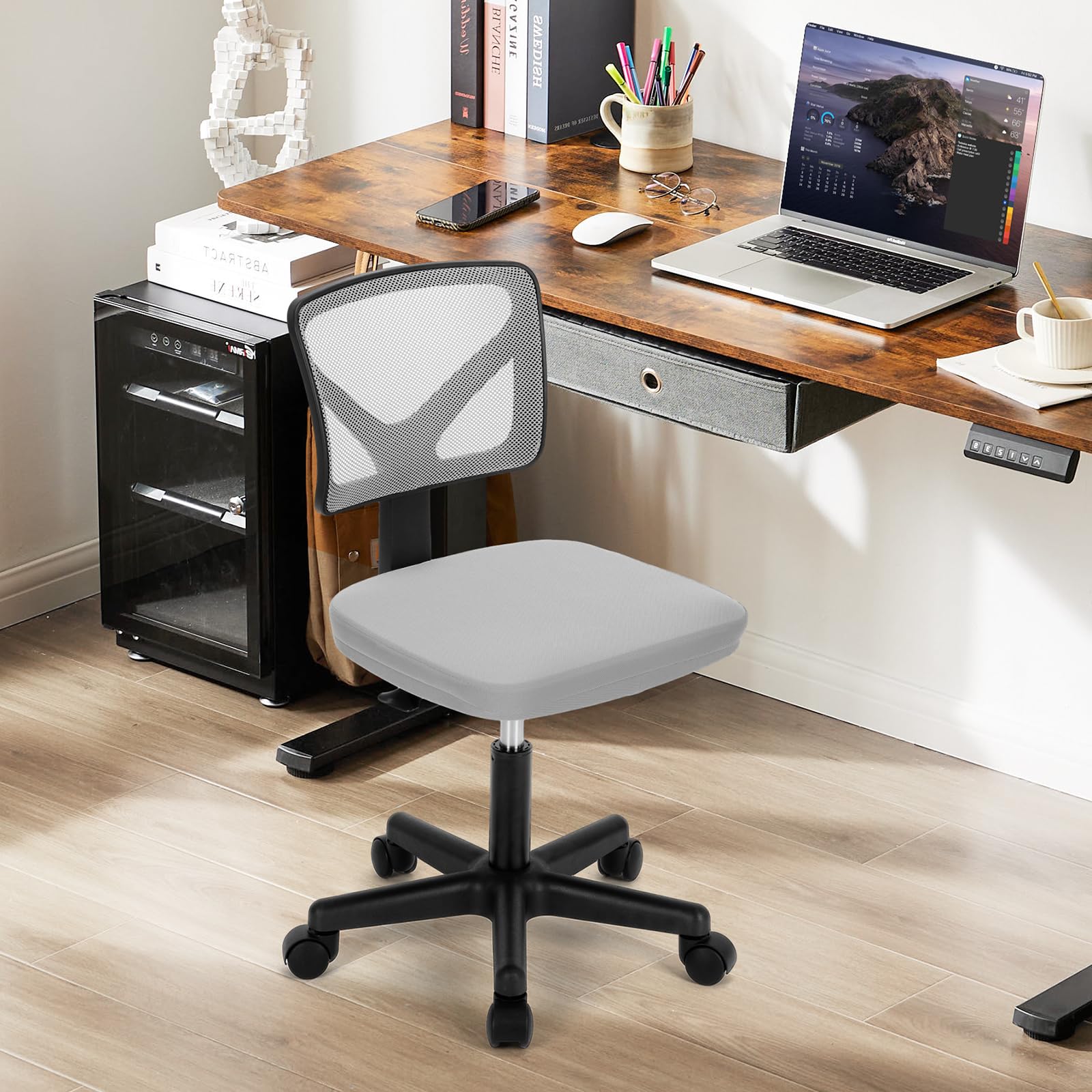 Sweetcrispy Small Office Computer Desk Chair with Armless Low Back Lumbar Support and Adjustable Height 360° Rolling Swivel Wheels without Arm for Small Space, Bedroom, Student