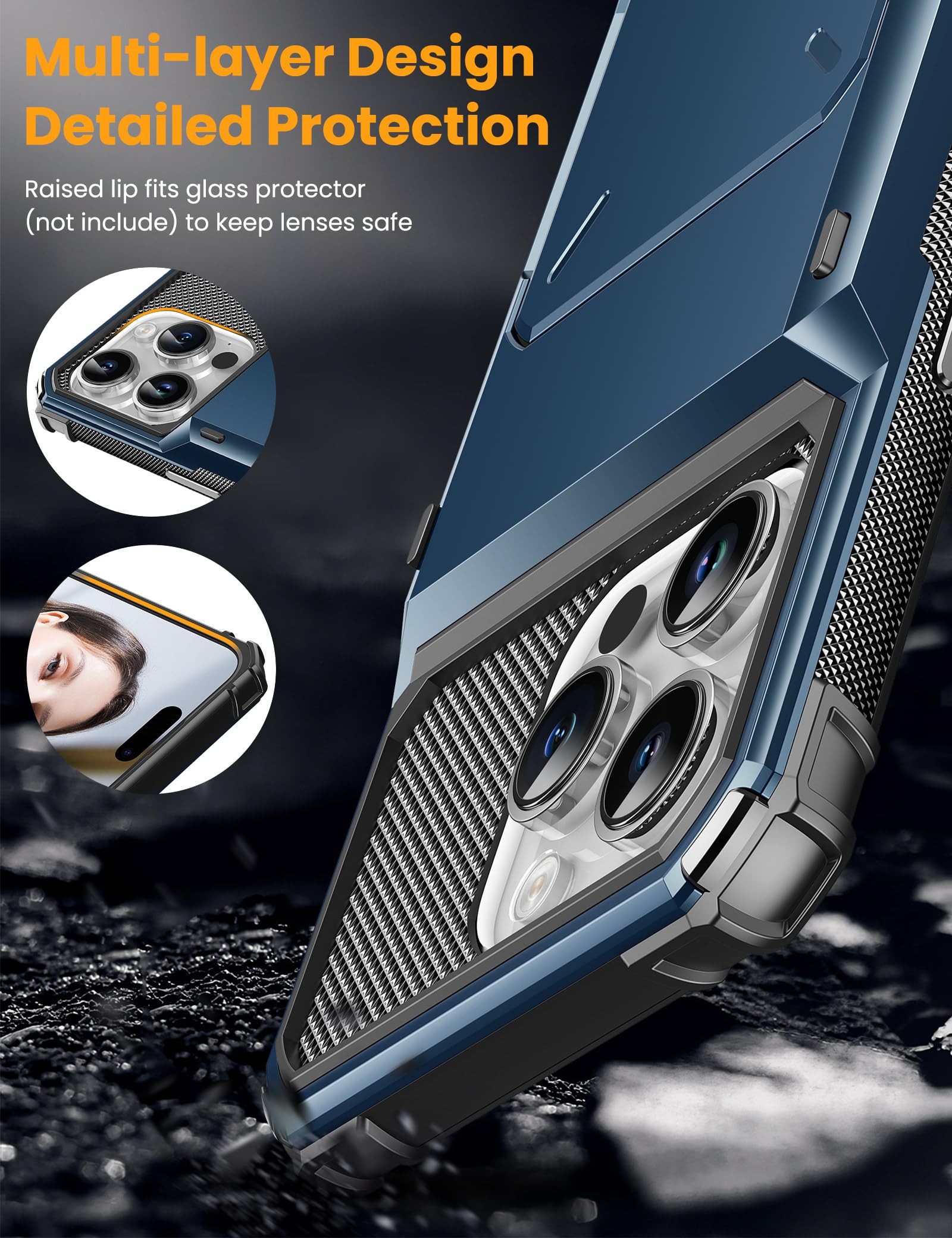 TITACUTE for iPhone 15 Pro Max Case 6.7 Wallet 5 Credit Card Holder Slot Flip Cover Design Back Pocket Scratch Resistant Hard Shell Hybrid Protective Bumper Armor for iPhone 15 Pro Max Navy Blue