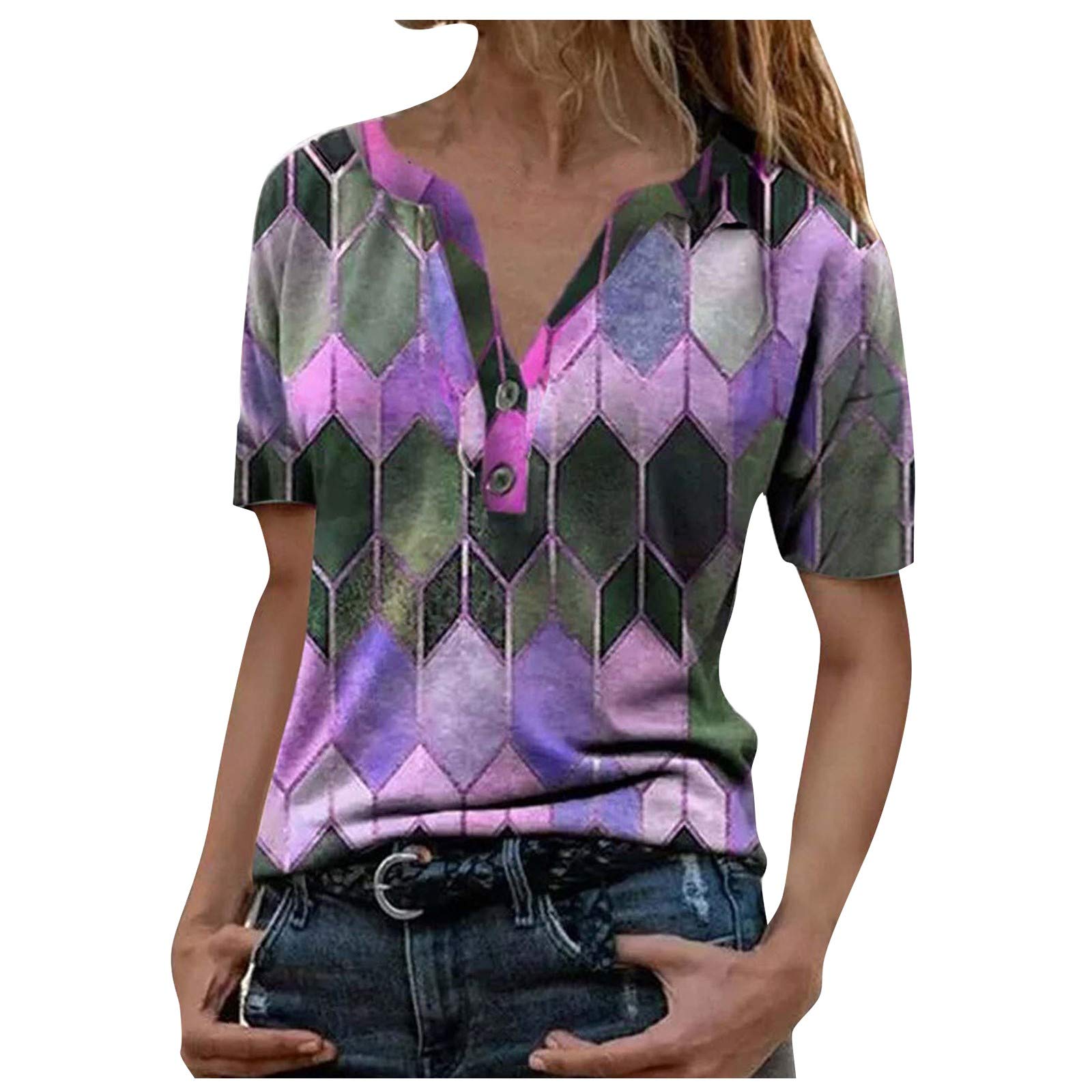 Women Zipper Letter Print Short Sleeve Top Casual V-Neck Blouse Shirts Slim Fit Tee Tunics