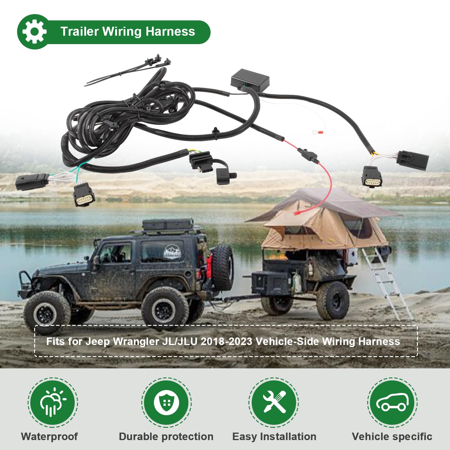 Trailer Wiring Harness Kit 4-Pin Fits for Jeep Wrangler JL/JLU 2018-2023 Vehicle-Side Wiring Harness