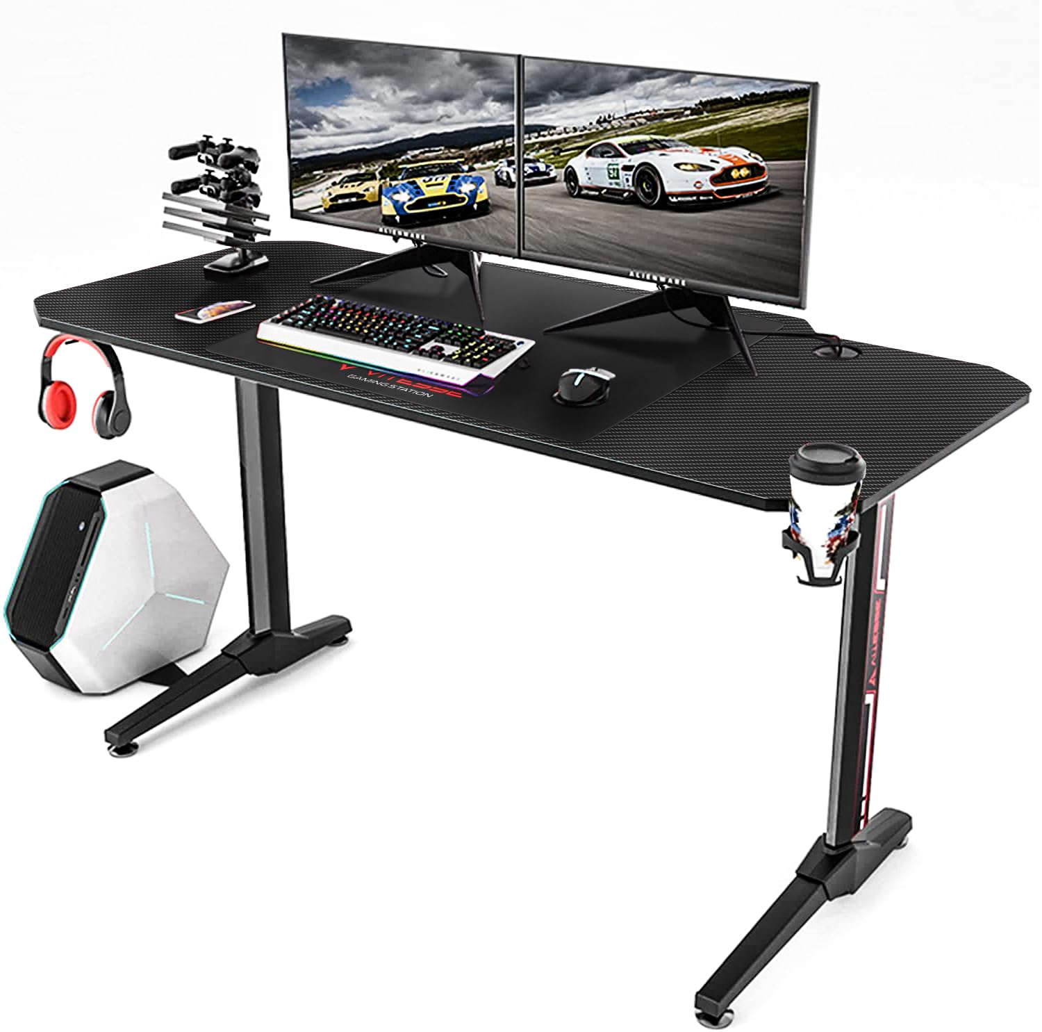 Waleaf Gaming Desk 55 inch, Gaming Computer Desk, PC Gaming Table, T Shaped Racing Style Professional Gamer Game Station with Large Mouse pad, Gaming Handle Rack, Cup Holder…