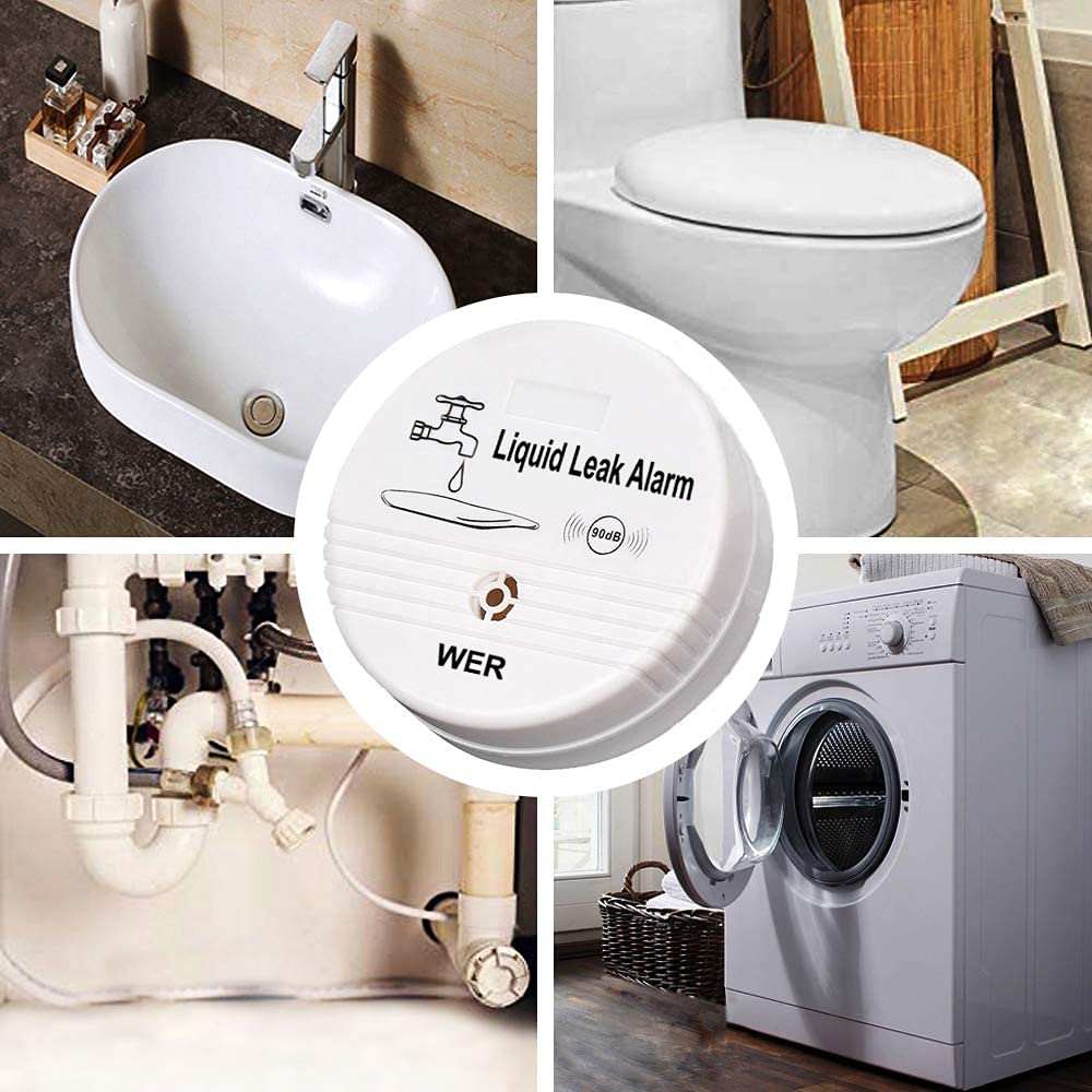WER Water Leak Alarm Sensor, Battery Operated Leak Alert, 90dB Water Detector for Basements, Bathrooms, Laundry Rooms, Kitchens, Garages and All Office Areas (Shipped Without Battery, 2 Pack)