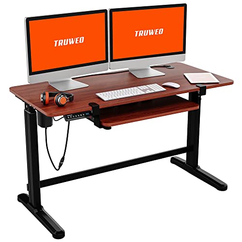 Truweo Adjustable Electric Standing Desk β 50 x 23.6 inches Sit to Stand Office Desk with Cable and Sliding Keyboard Tray β 3 Controlled Memory Height Settings β Anti-Scratch Surface β Brown