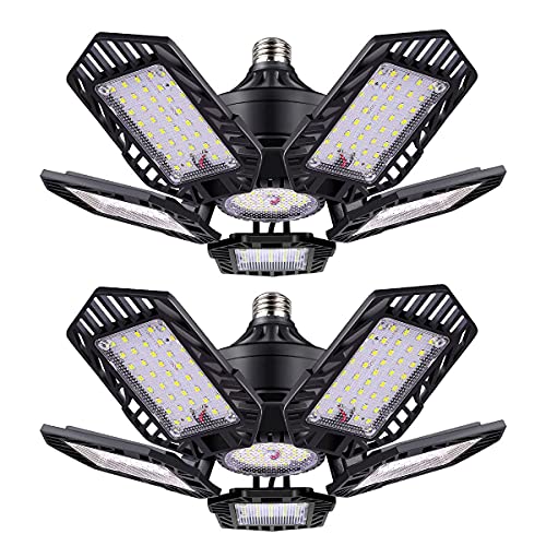 TANBABY Metal LED Garage Lights 2 Pack 150W Garage Light 15000LM LED Garage Lights with 5+1 Multi-Position Panels Deformable E26/E27 Garage Lighting LED Shop Light 6500K Daylight for Garage Basement