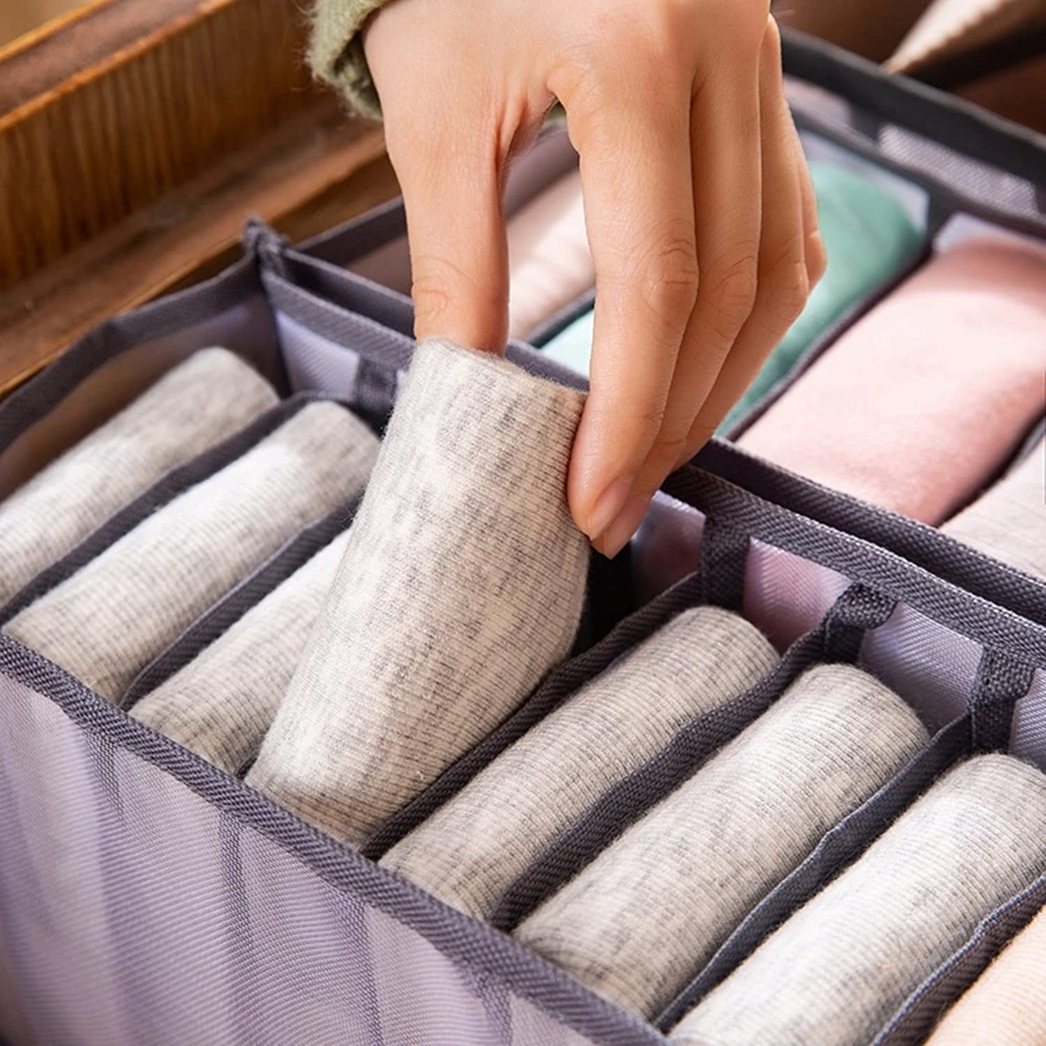 Tusjiain 4 Set Underwear Drawer Organizer Sock Organizer College Dorm Room Essentials Apartment Essentials Foldable Nylon Mesh Closet Organizer Dresser Organizer for Underwear,Socks-Gray