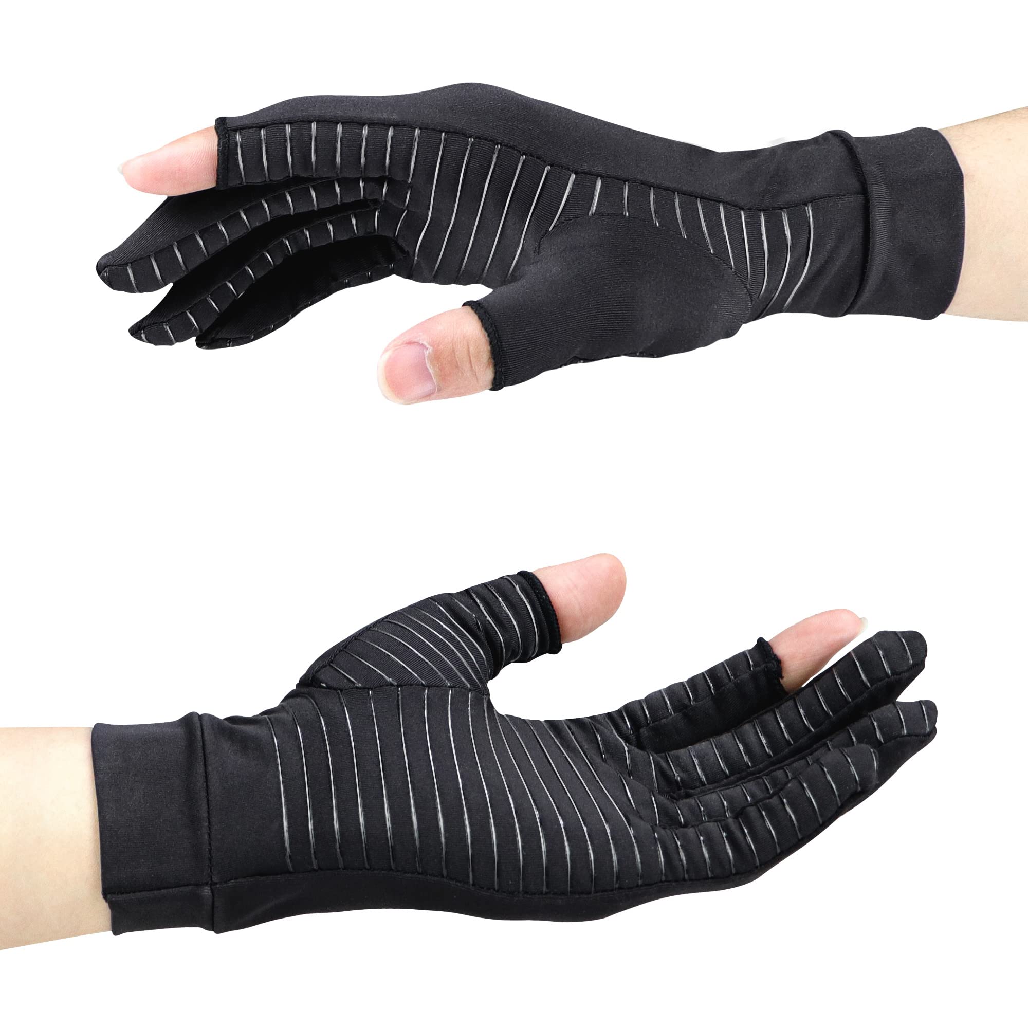Vlela Arthritis Compression Gloves 2 Open Fingerless Copper Gloves for Carpal Tunnel Relief,Rheumatoid,Rsi,Swelling,Hand Pain (Black, Small (1 Pair))
