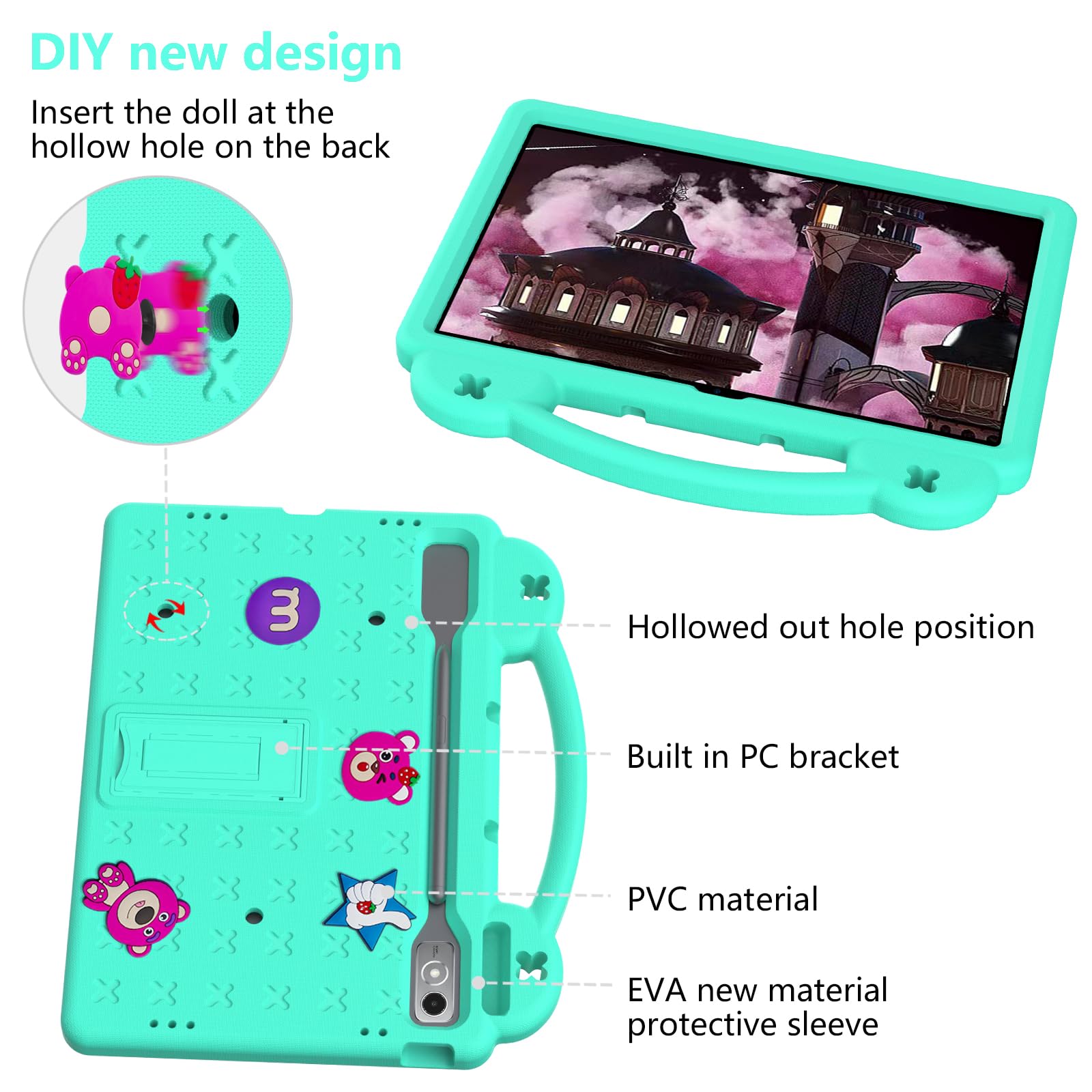 YRH for Lenovo Tab P12 12.7 inch Case 2023 (TB370FU), Kids EVA Stand Handle Protective Cover for Lenovo P12 Tablet Case, Rose