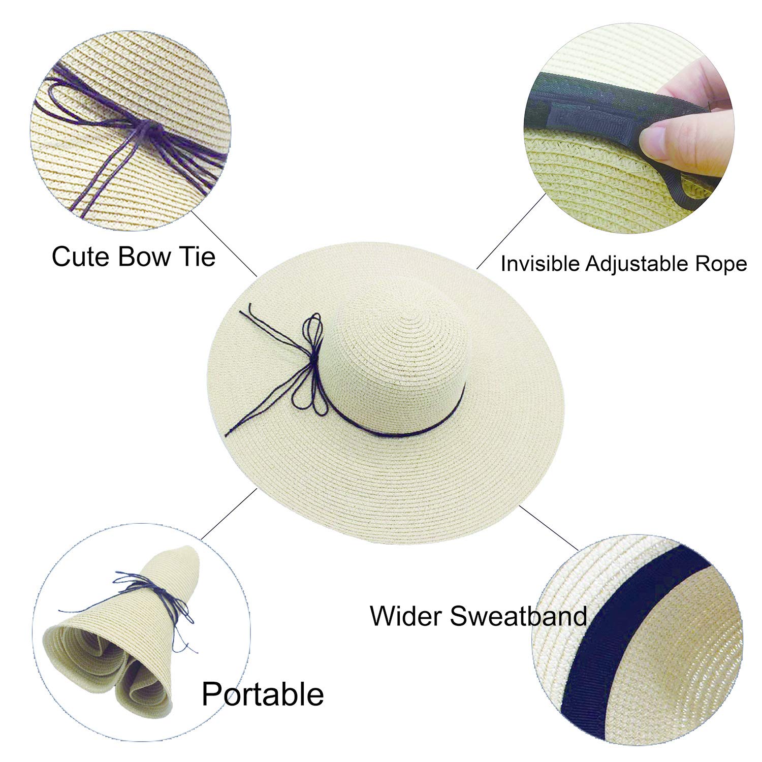 Womens Floppy Straw Hat Wide Brim Foldable Beach Cap Sun Hat for Women UPF 50+