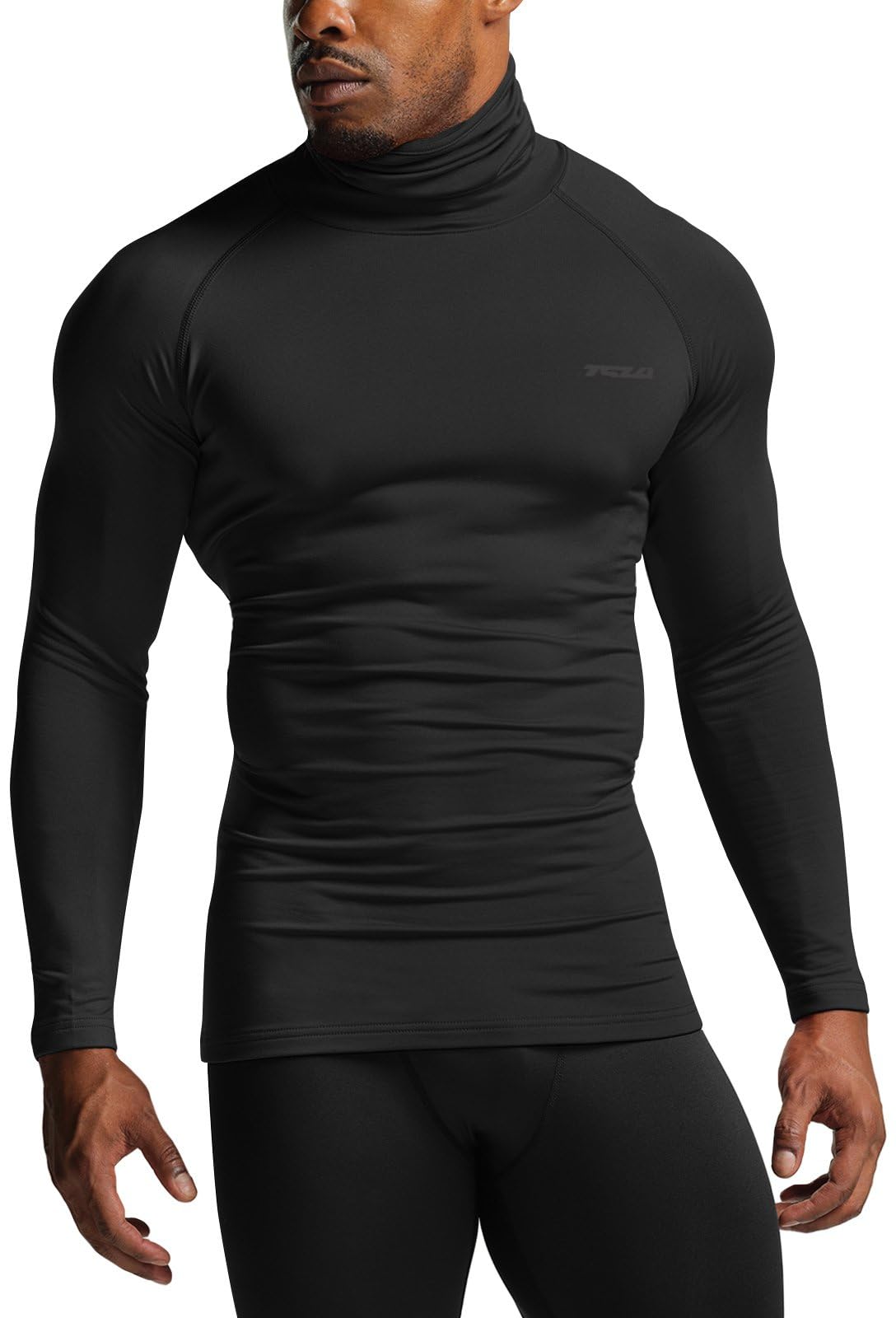 TSLA Men's Thermal Long Sleeve Compression Shirts, Mock/Turtleneck Winter Sports Running Base Layer Top, Heatlock Face Cover Black, Medium