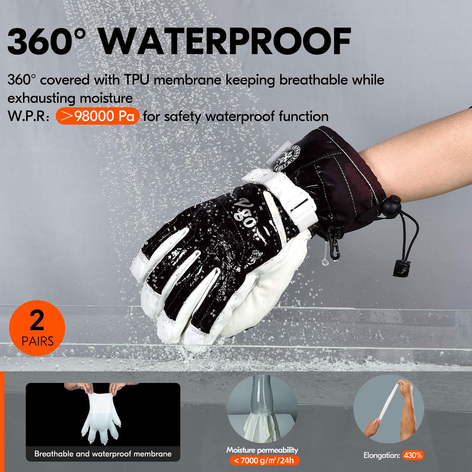 Vgo... 2-Pairs Winter Warm Ski Gloves for Men -20℃/-4°F or Above Waterproof Coldproof Touchscreen Snow Outdoor Goatskin Leather Gloves(Size M,Black&Blue,SF-CA2444FW)