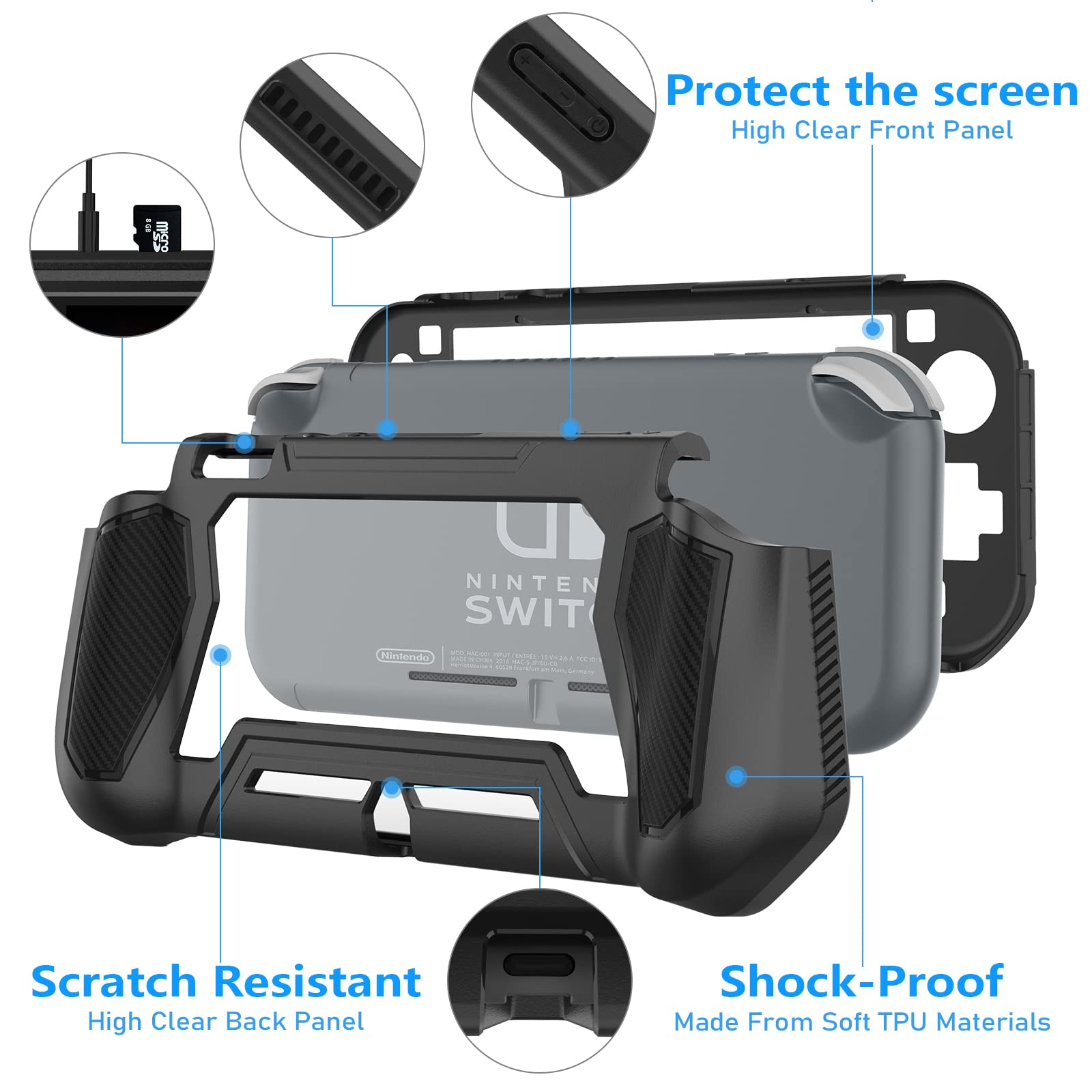 Voakod Compatible Nintendo Switch Lite Screen Protector Case Cover with Hand Grip, Detachable Protective Case with Shockproof and Anti-Scratch Design with for Nintendo Switch Lite, Black