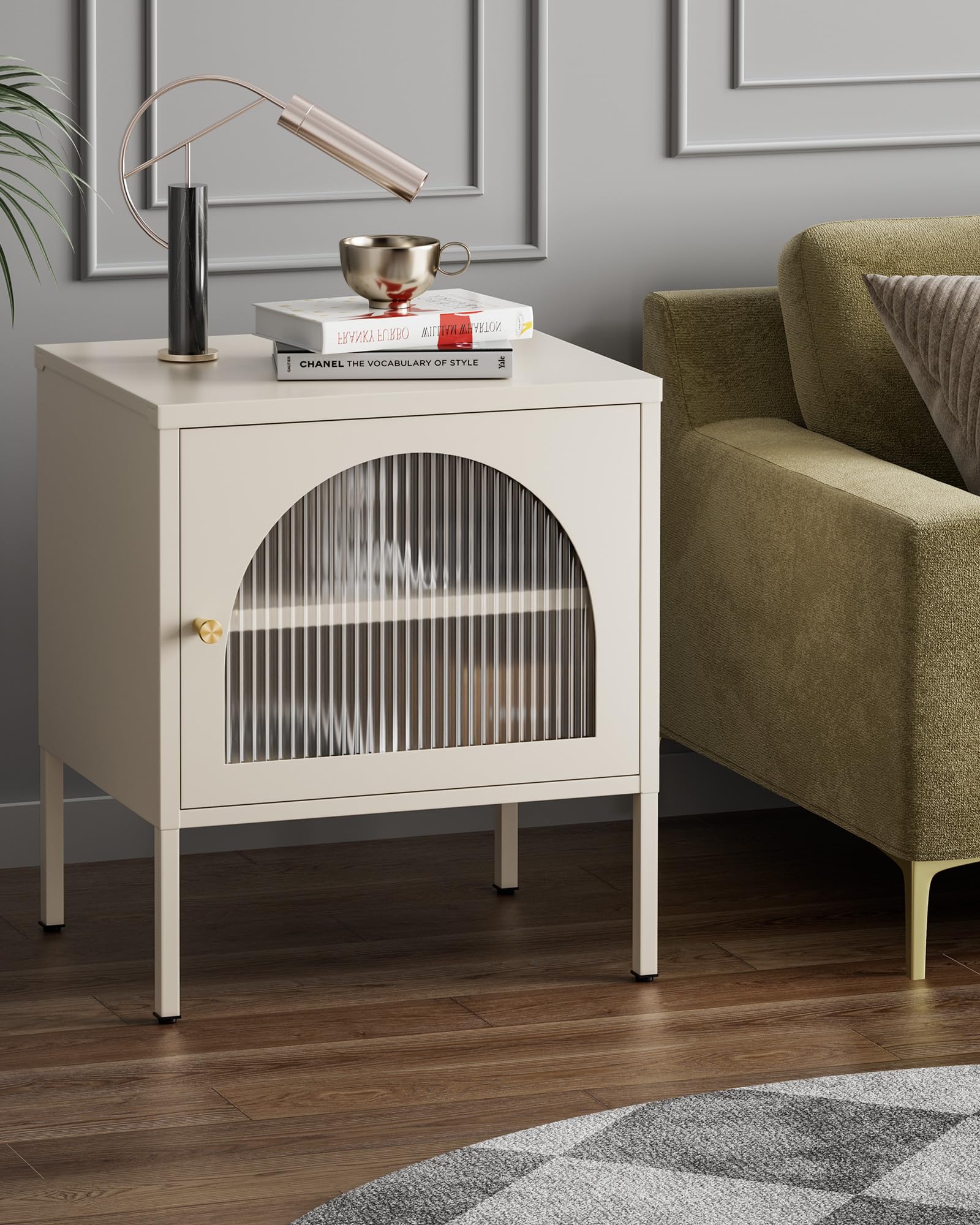 SICOTAS White Night Stand Bedside Table - Modern Nightstand with Cold-Rolled Steel Metal, Corrugated Tempered Glass Door, Storage Shelf, End Tables Side Tables with Storage Shelf for Bedroom
