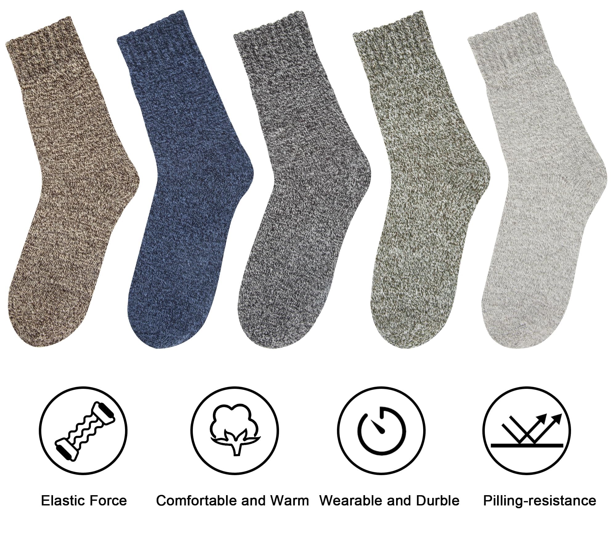 YSense 5 Pairs Mens Wool Socks Winter Warm Thick Socks Knit Causal Crew Socks for Men