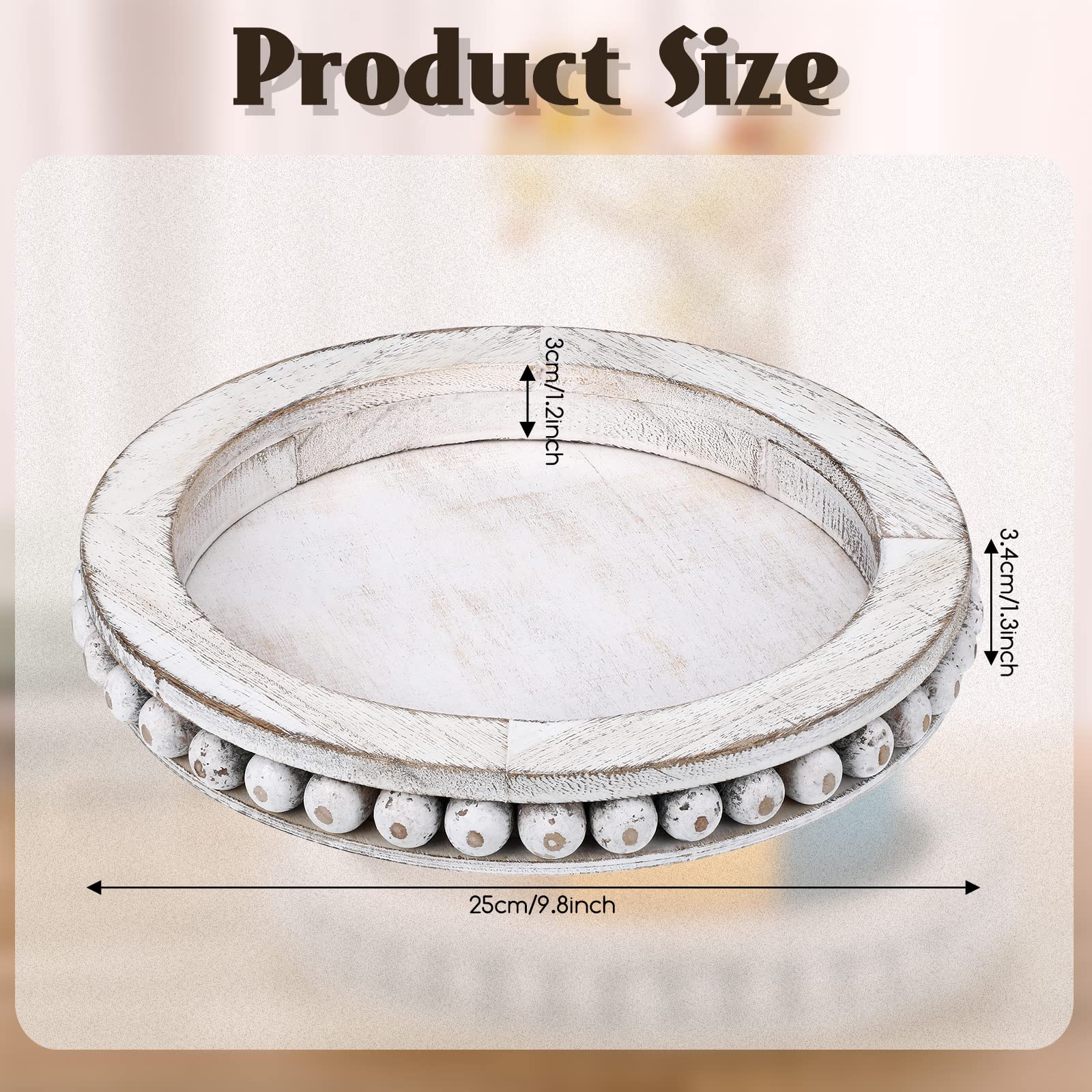 Yulejo Round Rustic Wood Beaded Tray, White, 9.84 in Diameter