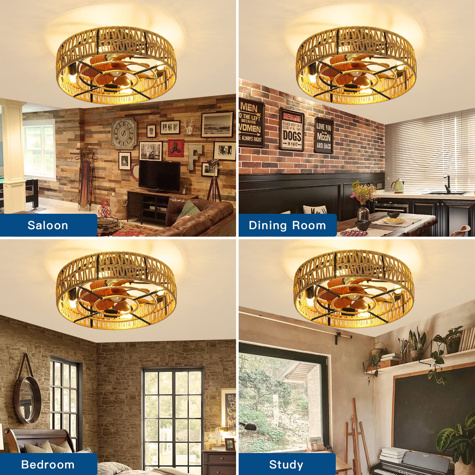 suopnpop Ceiling Fans with Lights and Remote,20 inches rattan Low Profile Farmhouse Flush Mount Ceiling Fan with Light,6 Speed Reversible Boho Caged Ceiling Fan with Light (Bulb Included)