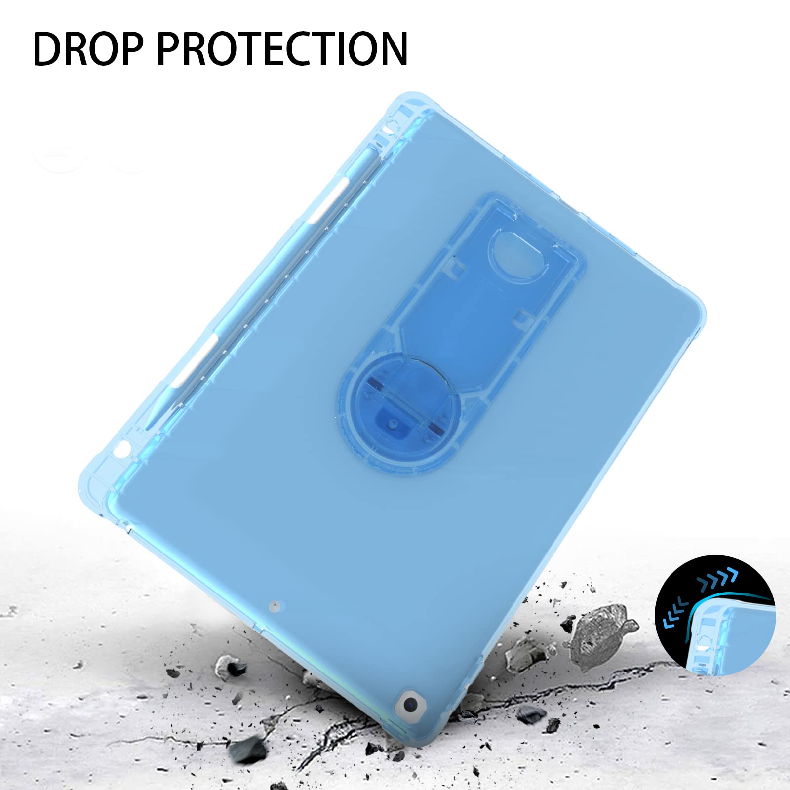 SPIUST for iPad 9th 8th 7th Generation Case Clear with Soft TPU,Built-in Pencil Holder &360 Degree Rotato Kickstand, Corner Protection Shockproof Rugged Case for iPad 10.2 inch Gen- Light Blue