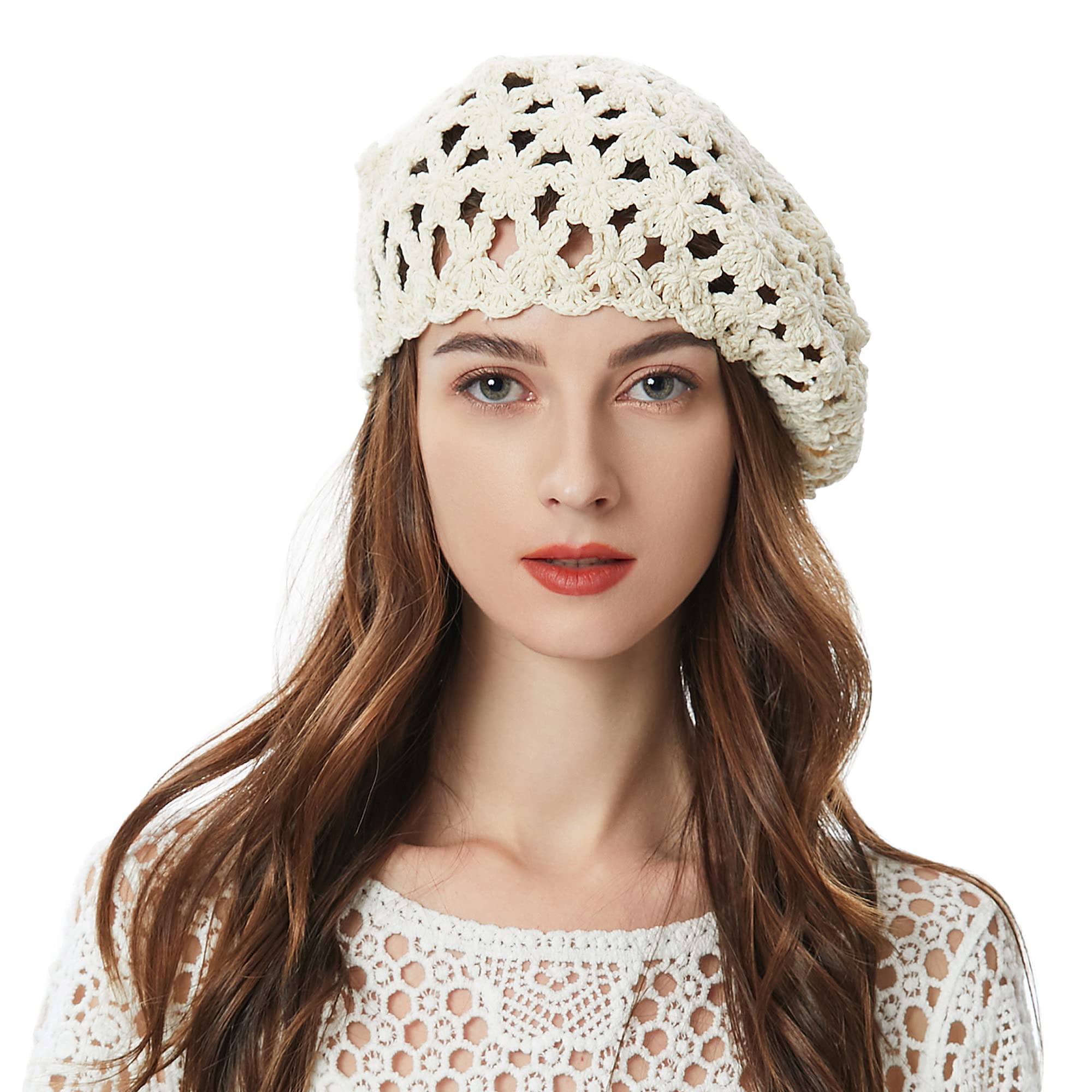 ZLYC Women Cotton Slouchy Crochet Beret Handmade Cutout Floral Beanie Hat (Beige)